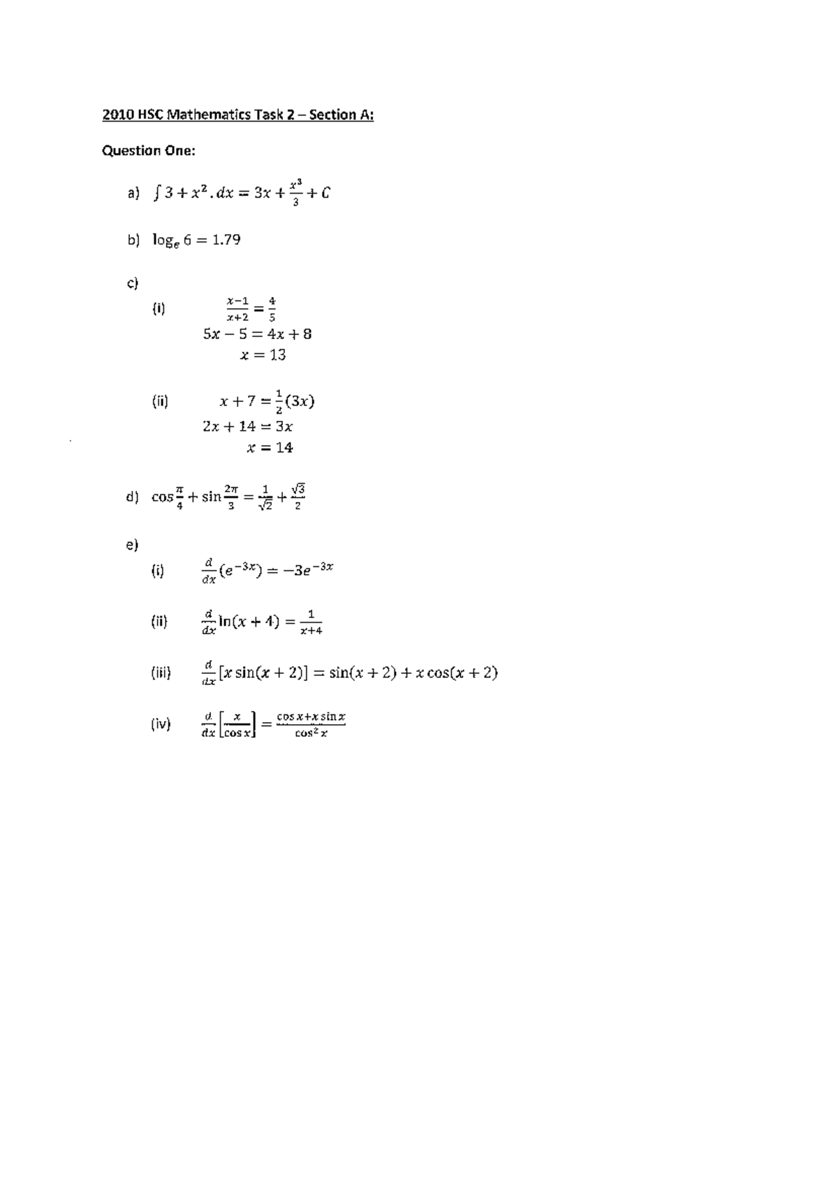 SBHS 2010 HSC Maths Task 2 Solutions for Y12 T1 W5 - Studocu
