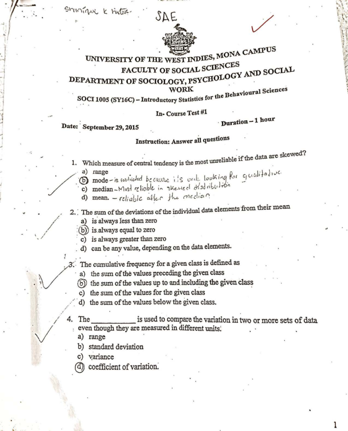 2015 SOCI 1005 Midsemester Exam: Intro to Stats for Behavioral Sciences ...