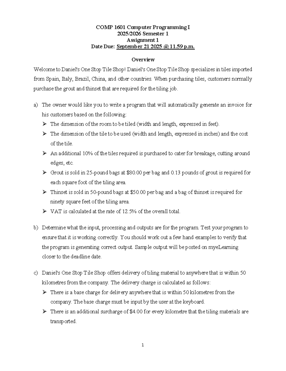 COMP 1601 Computer Programming I: Invoice Generation Assignment 1 - Studocu