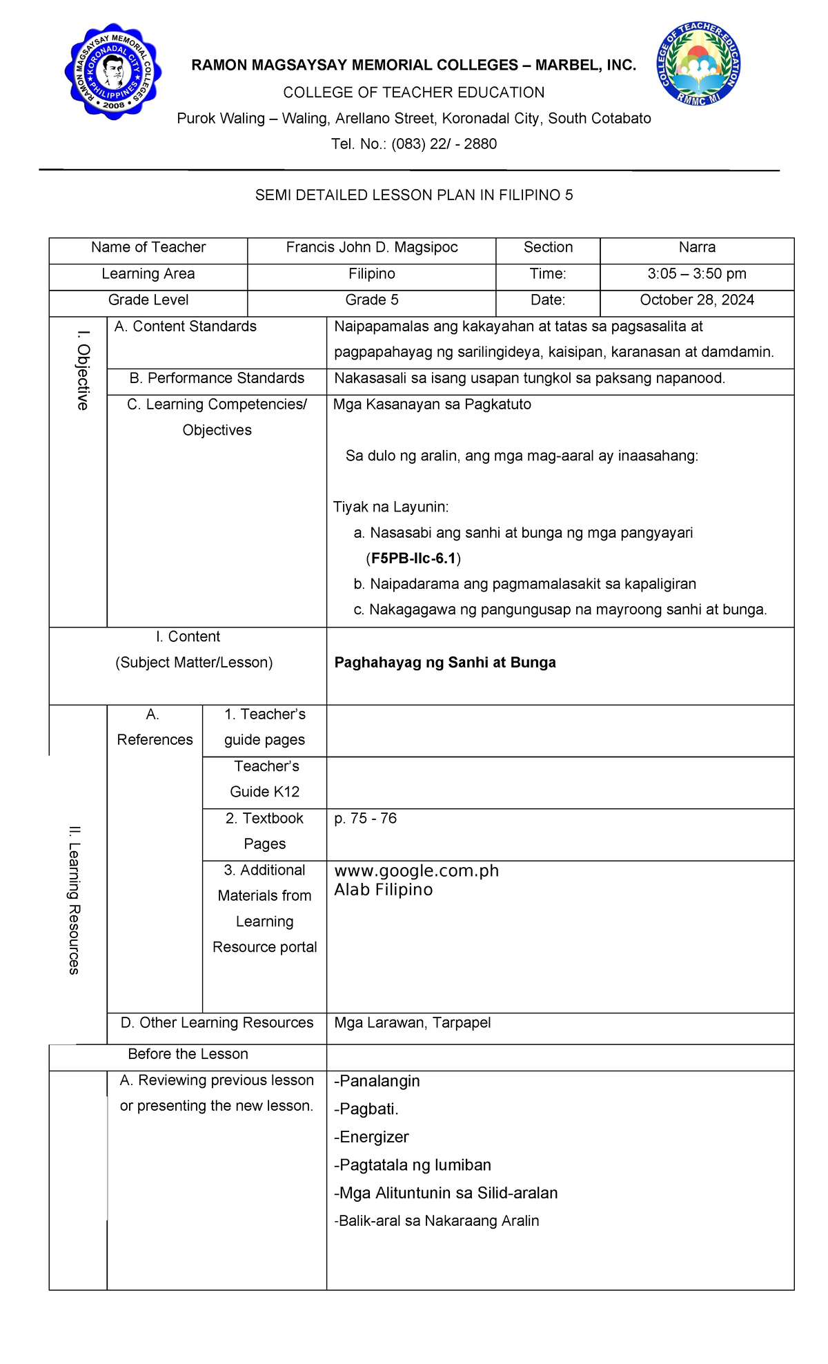 Final Lesson Plan on Sanhi at Bunga for Filipino 5 (F5PB-IIc-6) - Studocu