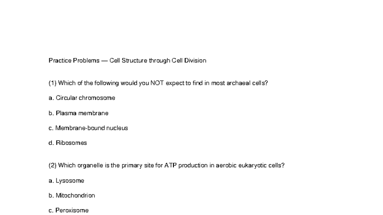 Practice Set: Cell Structure & Division Problems (Bio 101) - Studocu