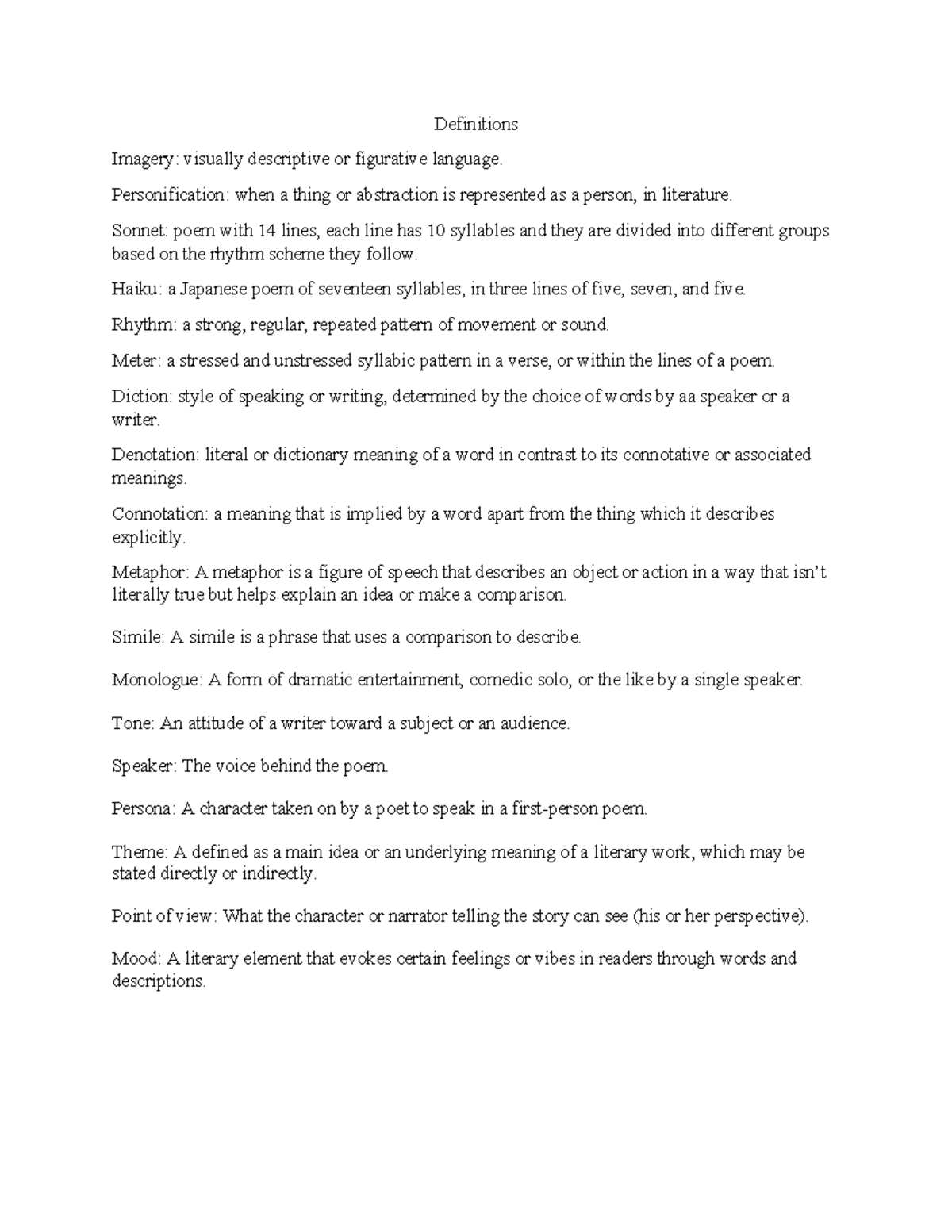 Literary Terms Definitions: Imagery, Personification, and More - Studocu