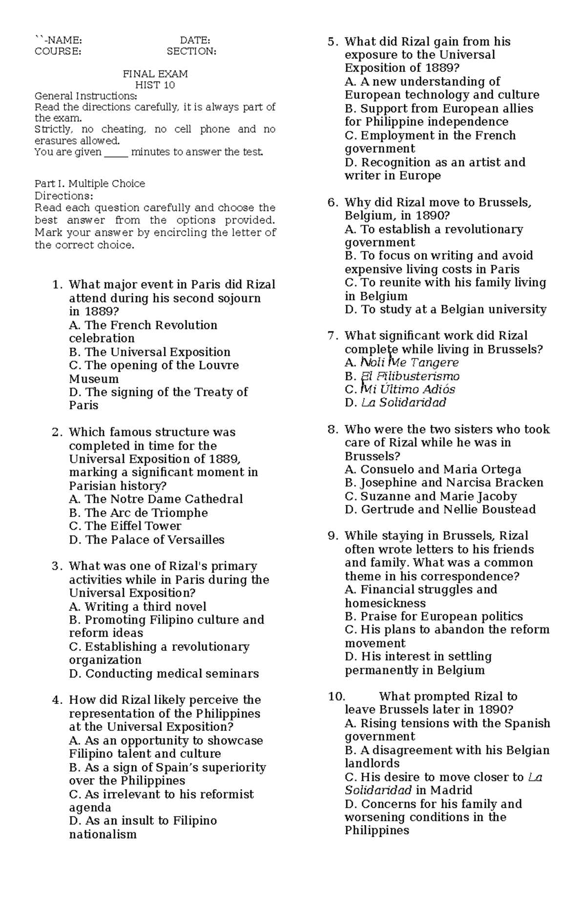 HIST 10 Final Exam Review: Key Questions and Answers - Studocu