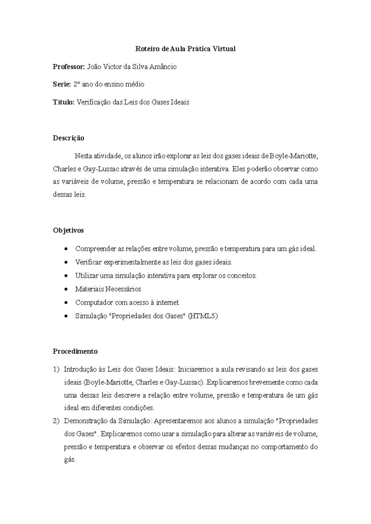 Roteiro de Aula Prática Virtual: Leis dos Gases Ideais 2º Ano - Studocu