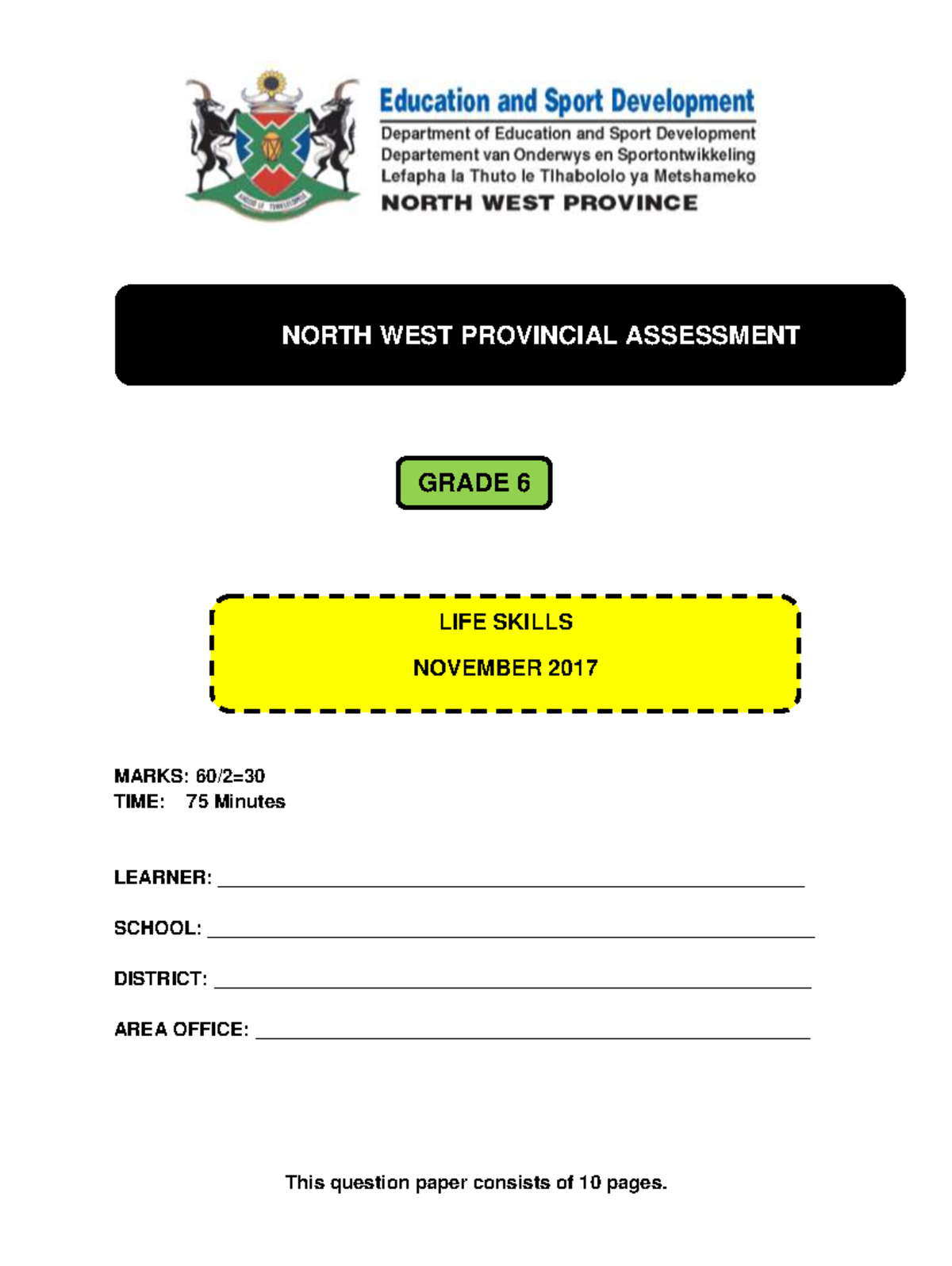 Grade 6 Life Skills November 2017 Question Paper (60 Marks) - Studocu
