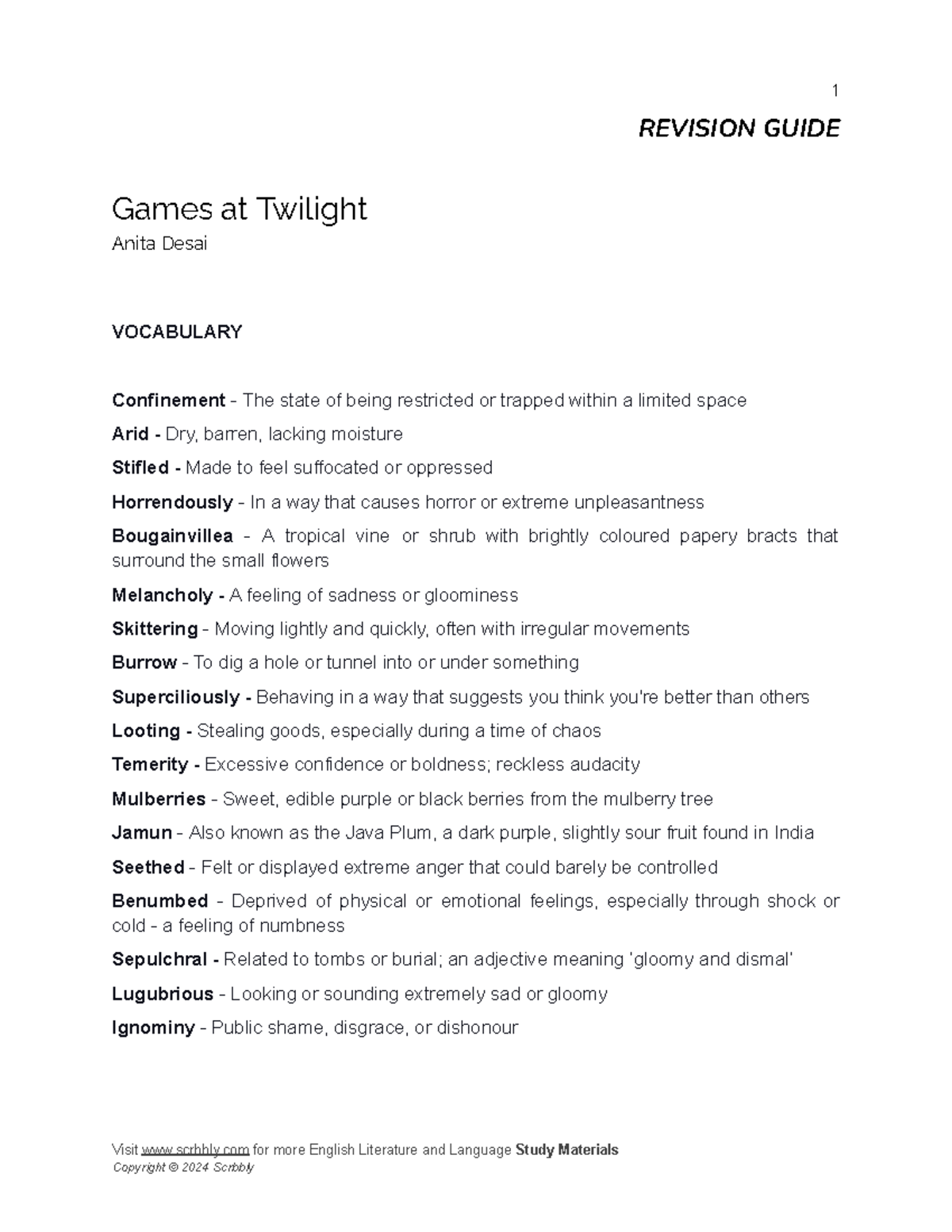 Games at Twilight (Revision Guide) - Anita Desai Vocabulary & Themes ...