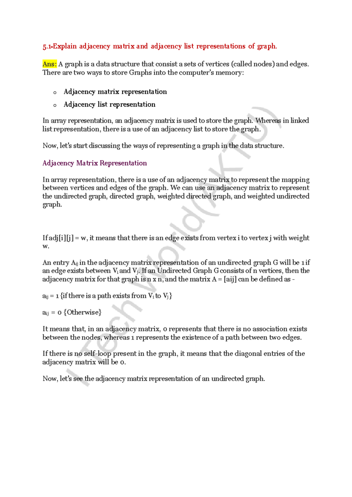 Data Structure U5: Adjacency Matrix & List Representations of Graphs - Studocu