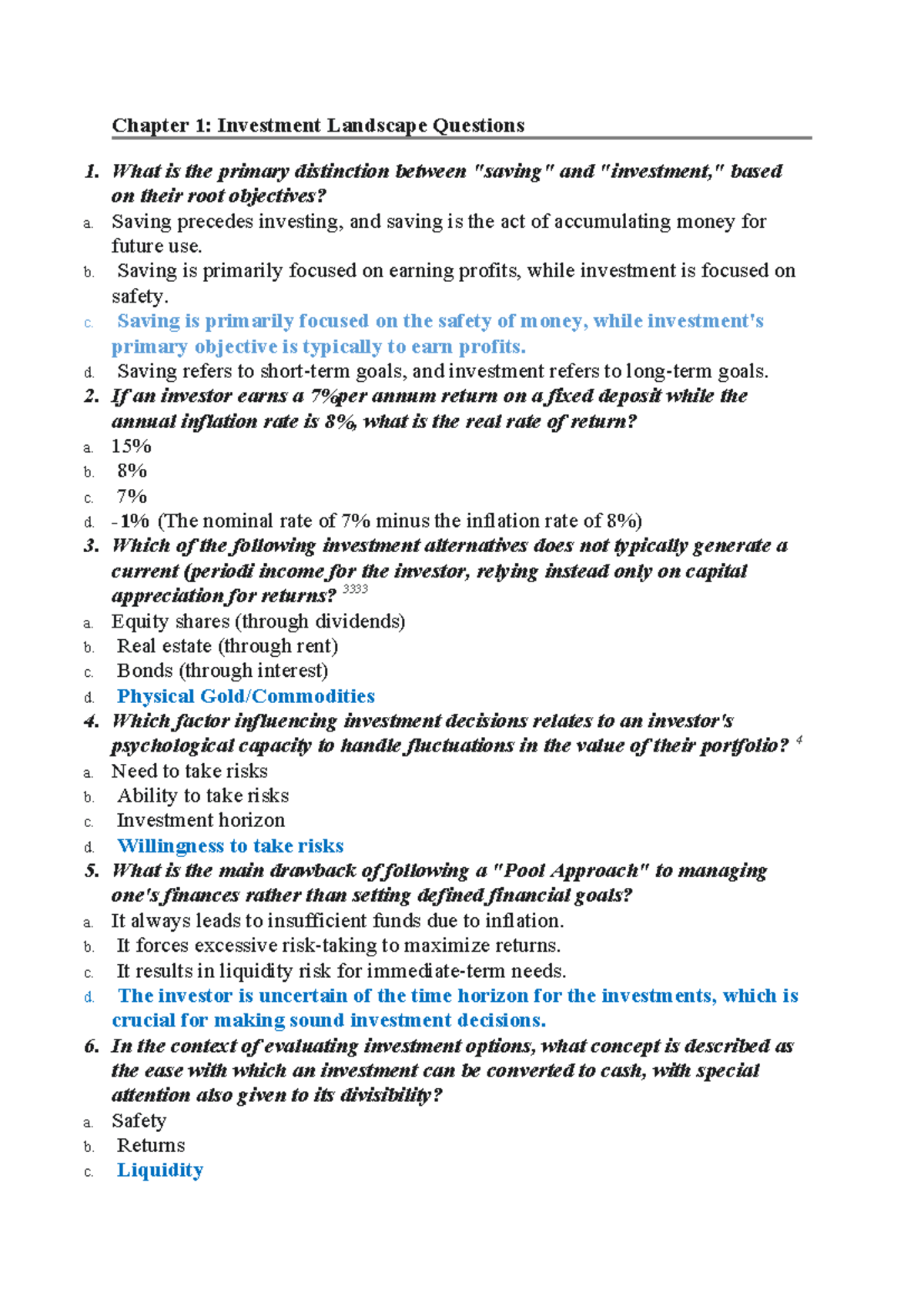 Quiz - Investment Landscape Questions (FIN 101) - Studocu