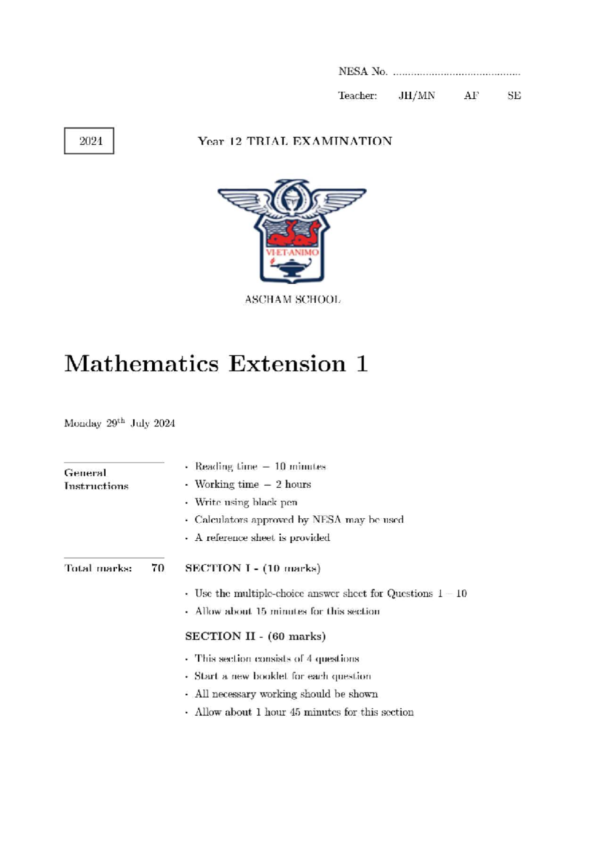 NESA 3U Mathematics Extension 1 Year 12 Trial Exam 2024 - Studocu