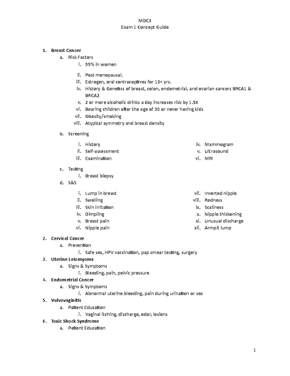 MDC3 Exam 1 Concept Guide - Exam 1 Concept Guide Breast Cancer a. Risk ...
