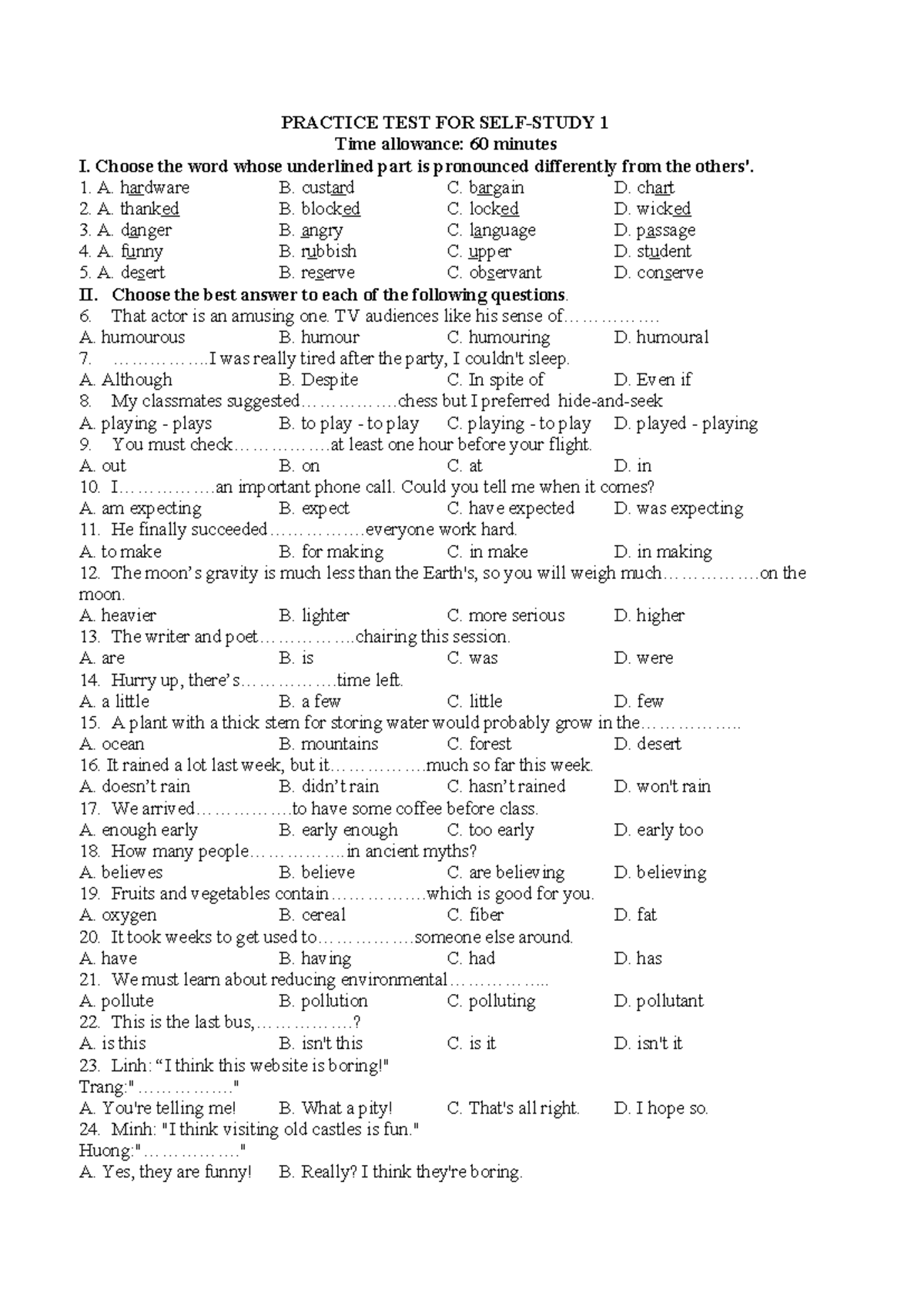 Practice Test for SELF-Study 1: Pronunciation & Grammar - Studocu