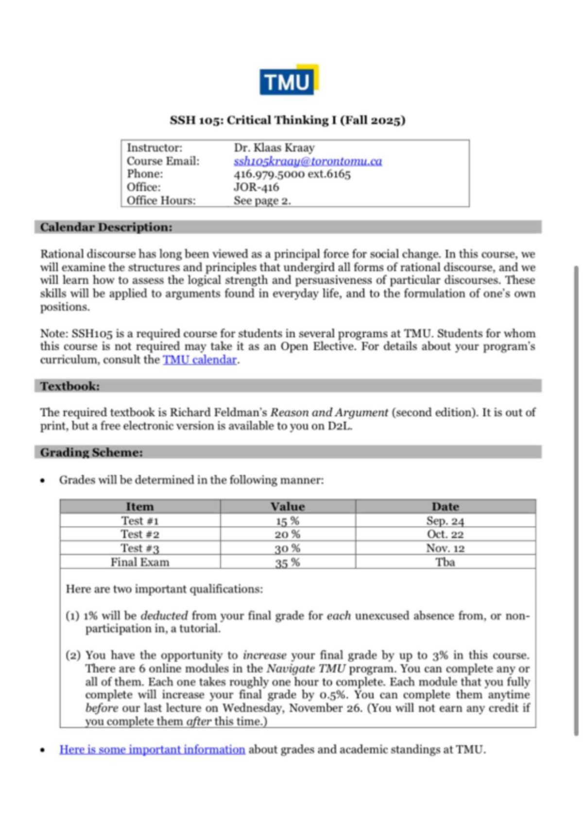 TMU SSH 105: Critical Thinking I Course Overview & Grading Details ...