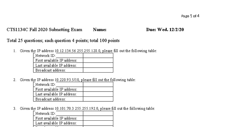 CTS1134C Fall 2020 Subnetting Exam Questions and Tables - Studocu