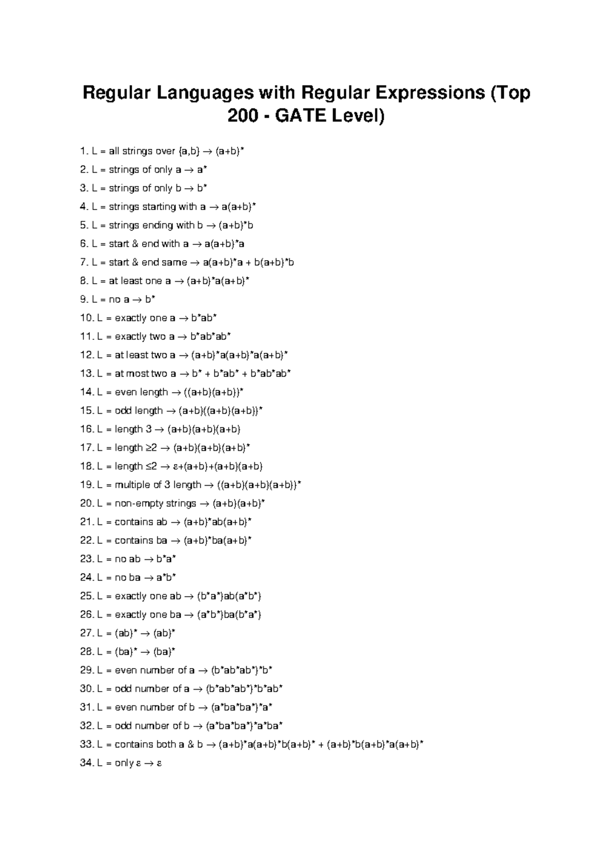 Regular Languages & Expressions: GATE 200 Examples - Studocu