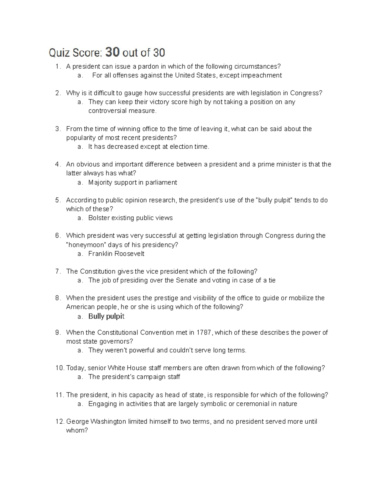 Liberty University (GOVT 220) - Quiz on Presidential Powers and Roles ...