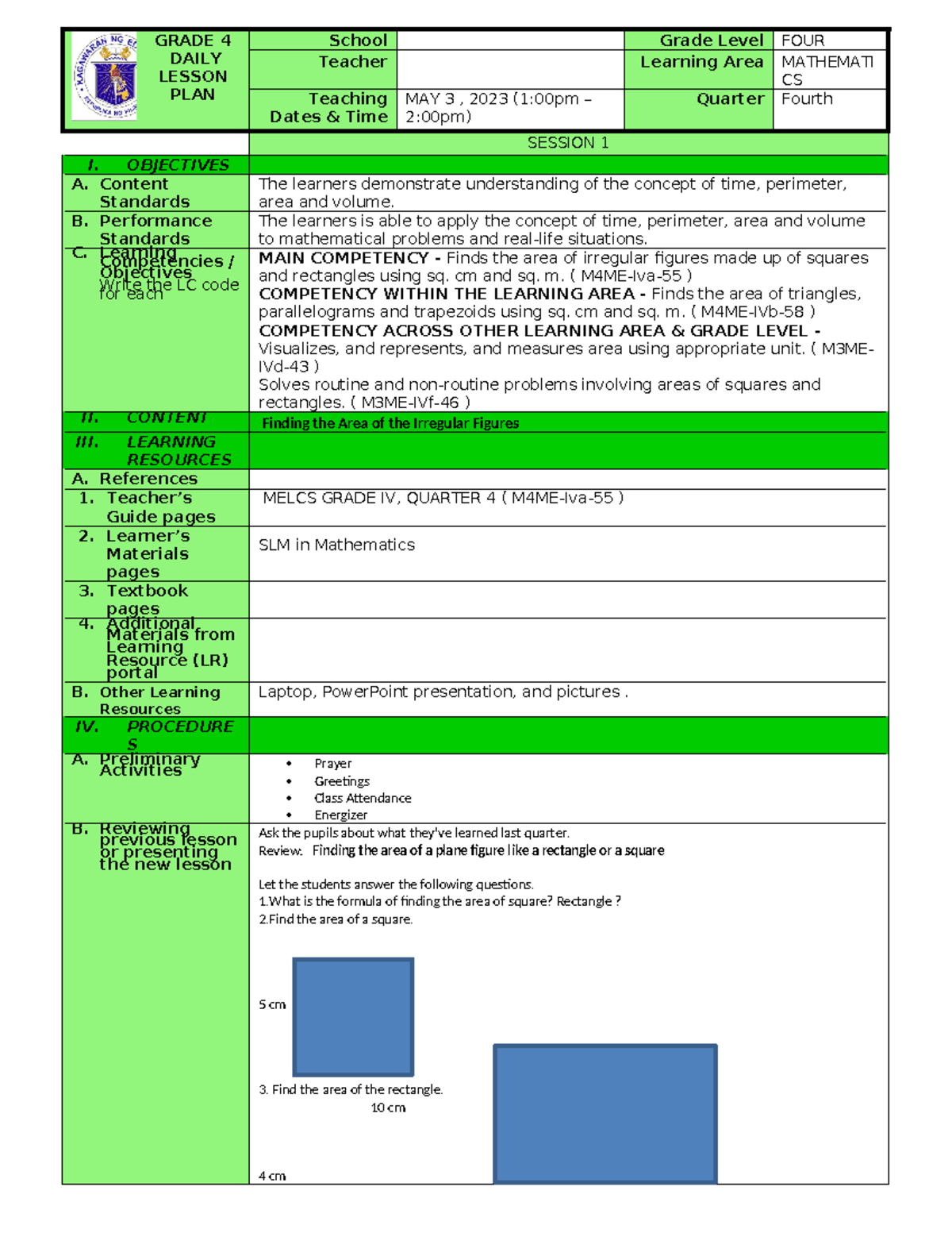 Grade 4 Math Lesson Plan: Finding Area of Irregular Figures - Studocu
