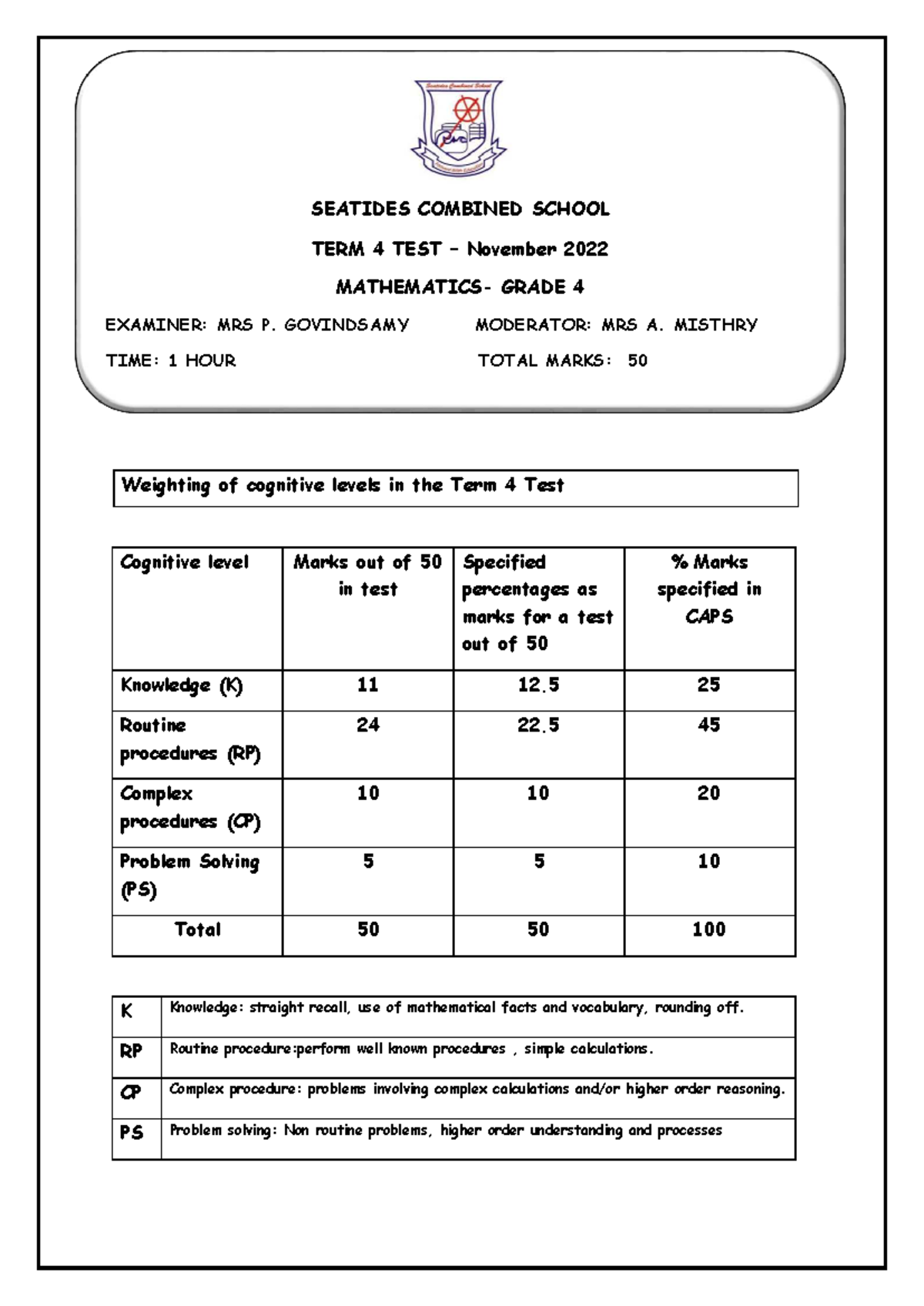 Cognitive Levels Grade 4 Maths term 4 2022 - p Weighting of cognitive ...