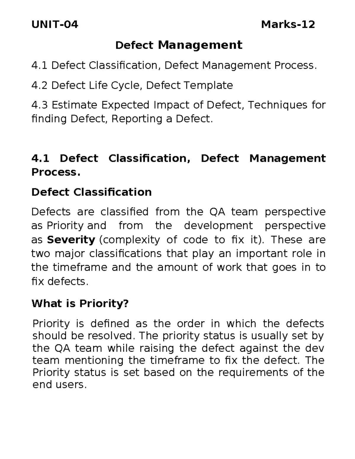 UNIT-04 Defect Management Notes: Classification & Life Cycle Insights ...