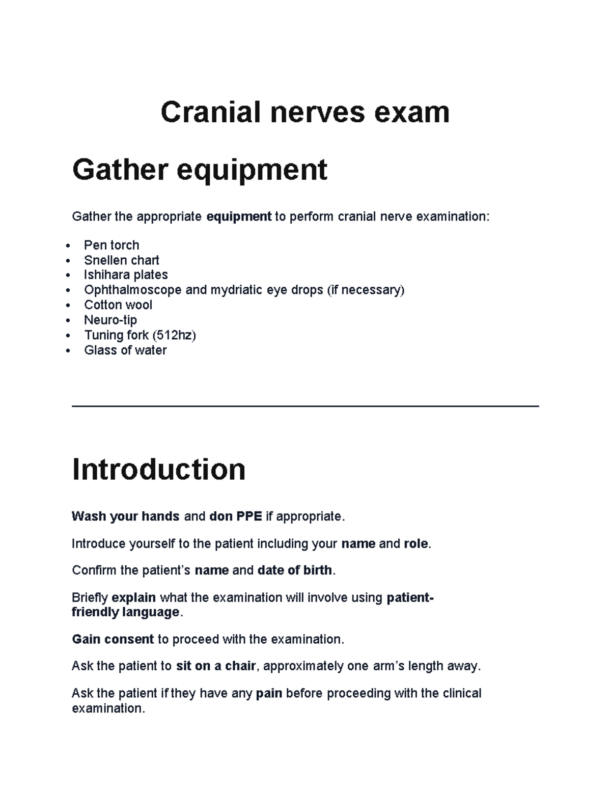 Cranial Nerves Exam: Essential Equipment & Examination Steps - Studocu