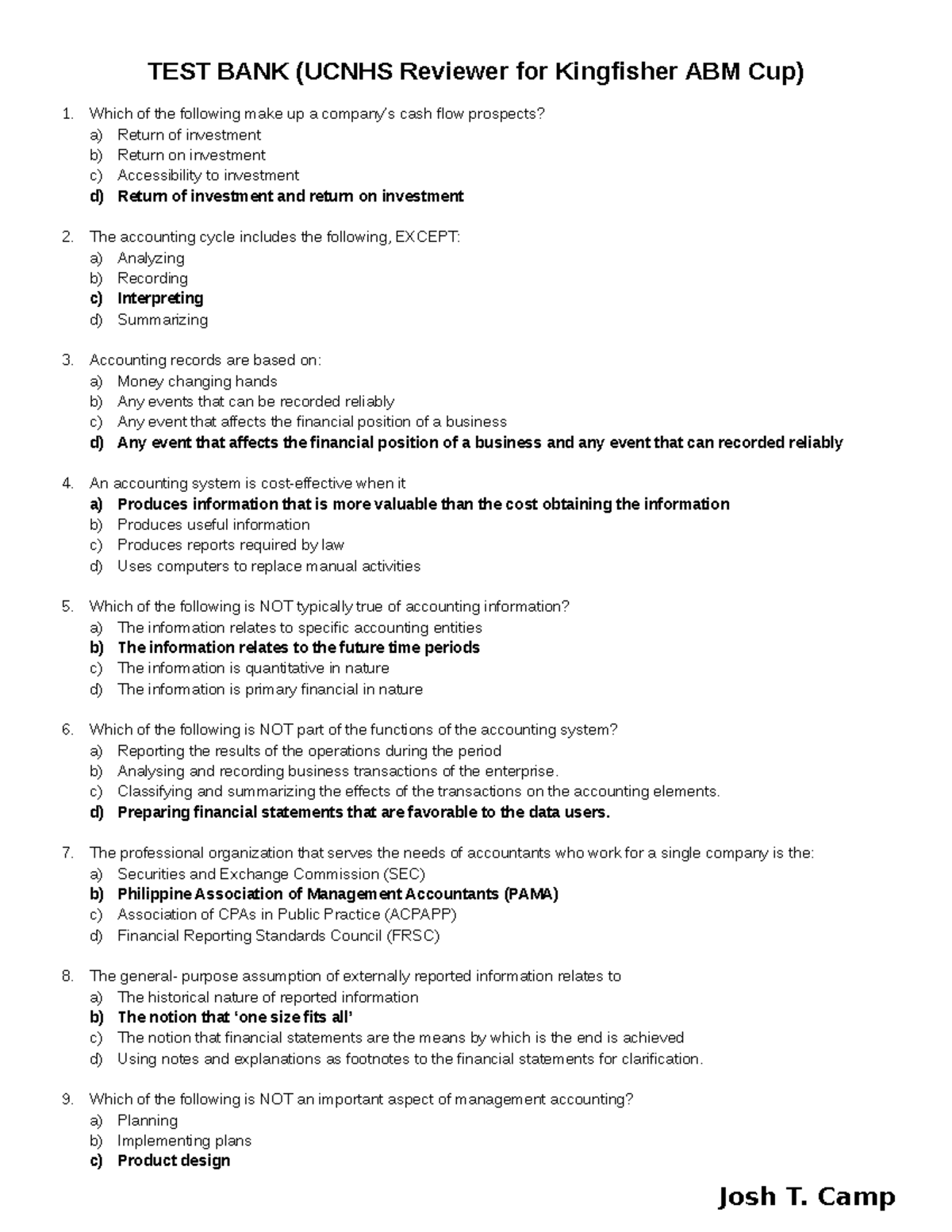 TEST BANK (UCNHS Reviewer for Kingfisher ABM Cup) - Accounting Concepts ...