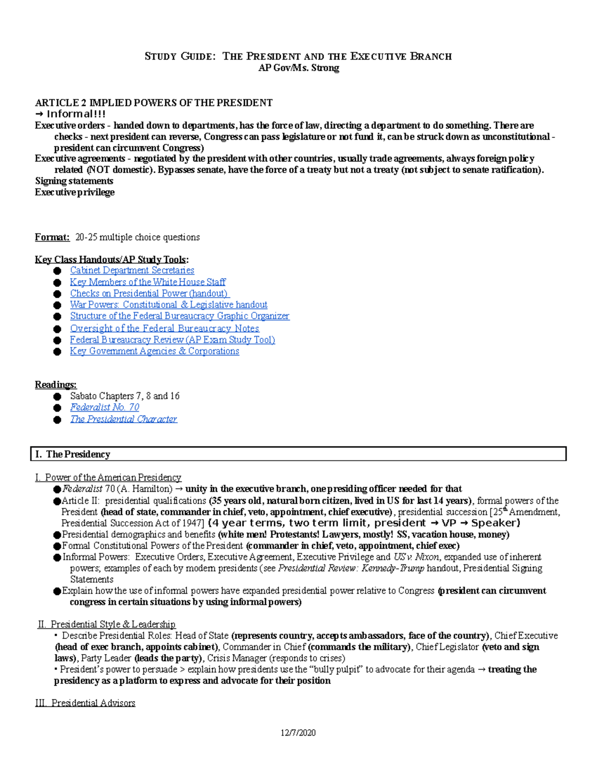 AP Gov: Executive Branch & Presidential Powers Study Guide - Studocu