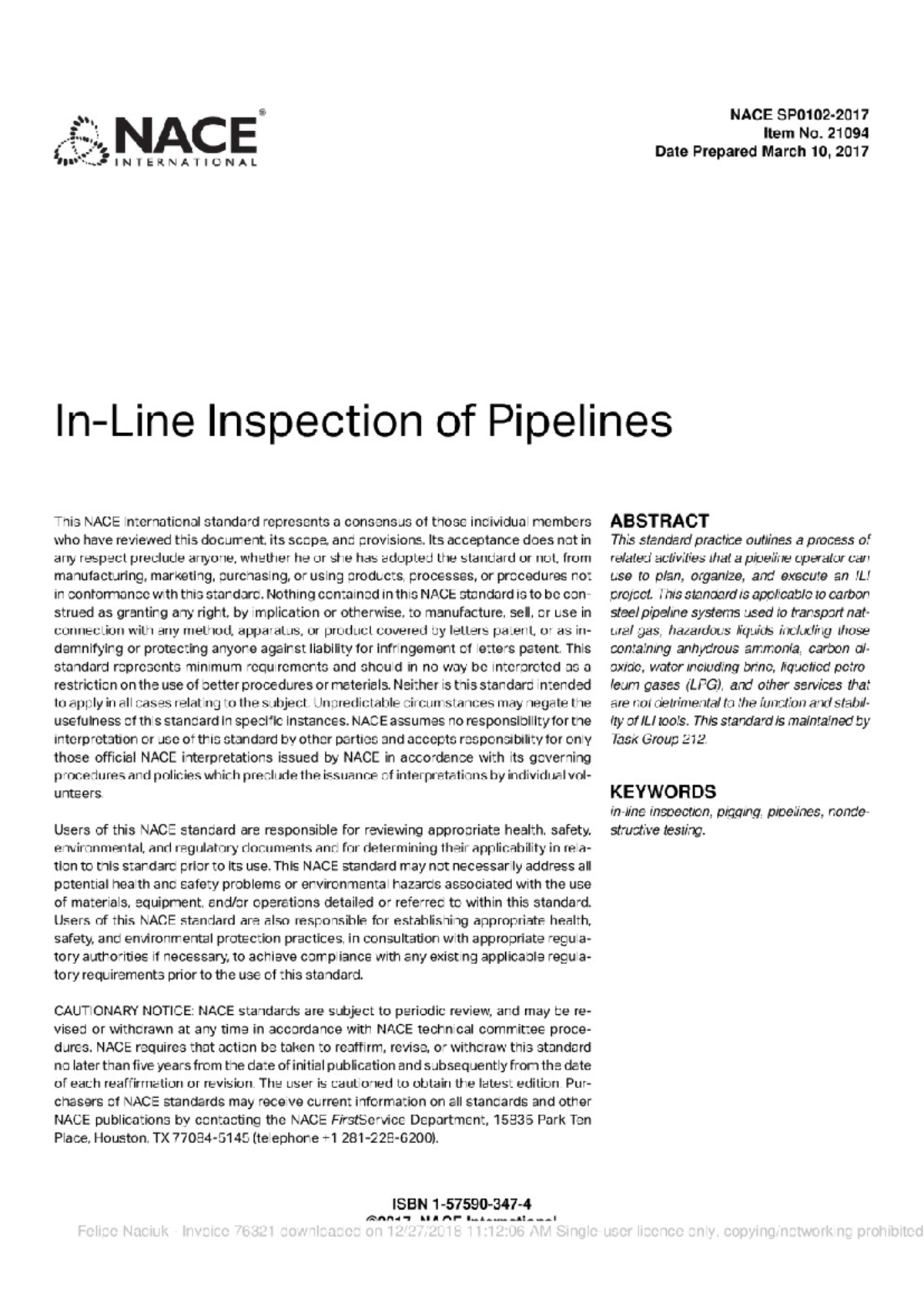 NACE SP0102-2017 - Standard Practice for Pipeline Inspection and ILI ...