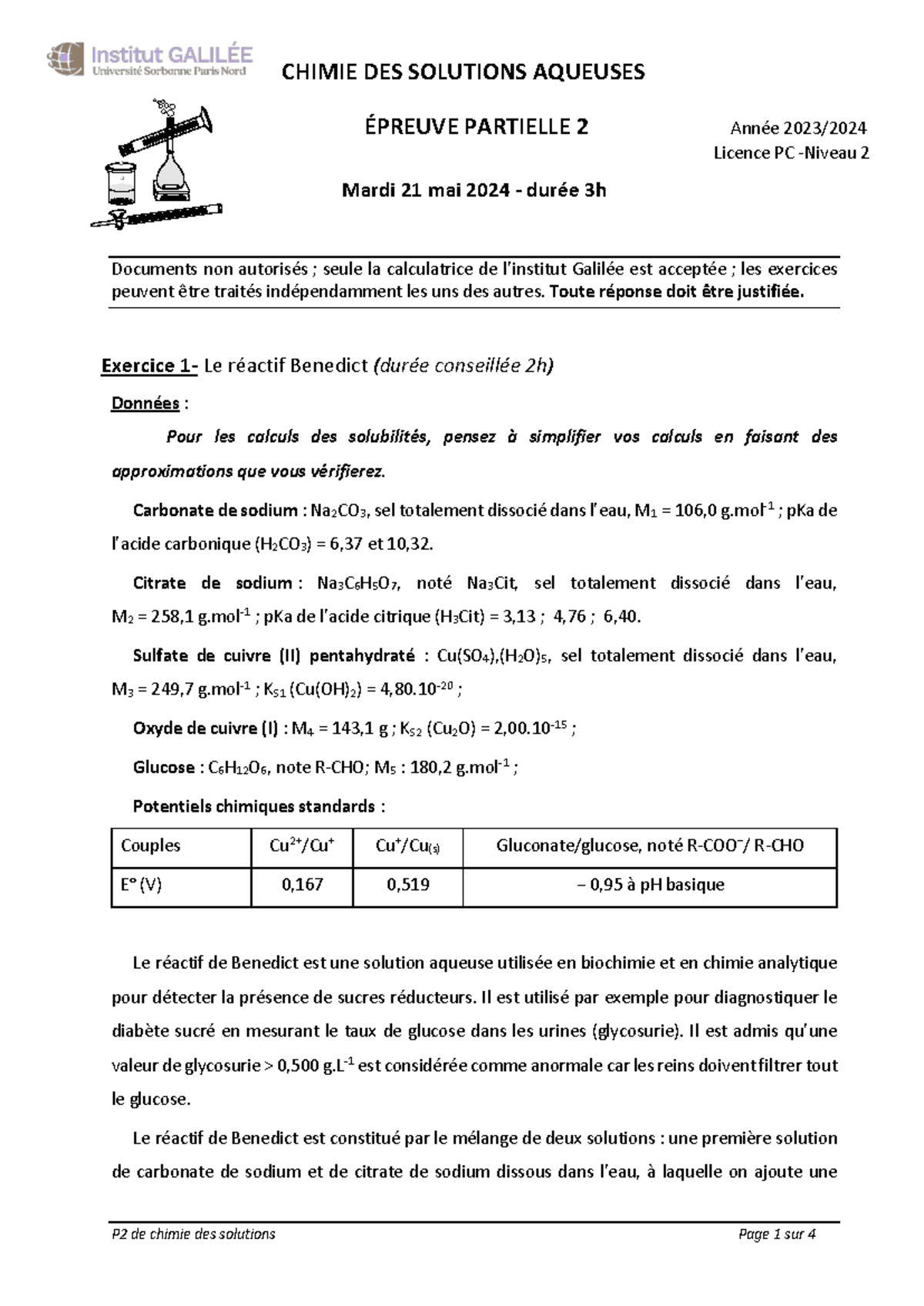 CHIMIE DES SOLUTIONS AQUEUSES ÉPREUVE PARTIELLE 2 - Licence PC 2024 ...
