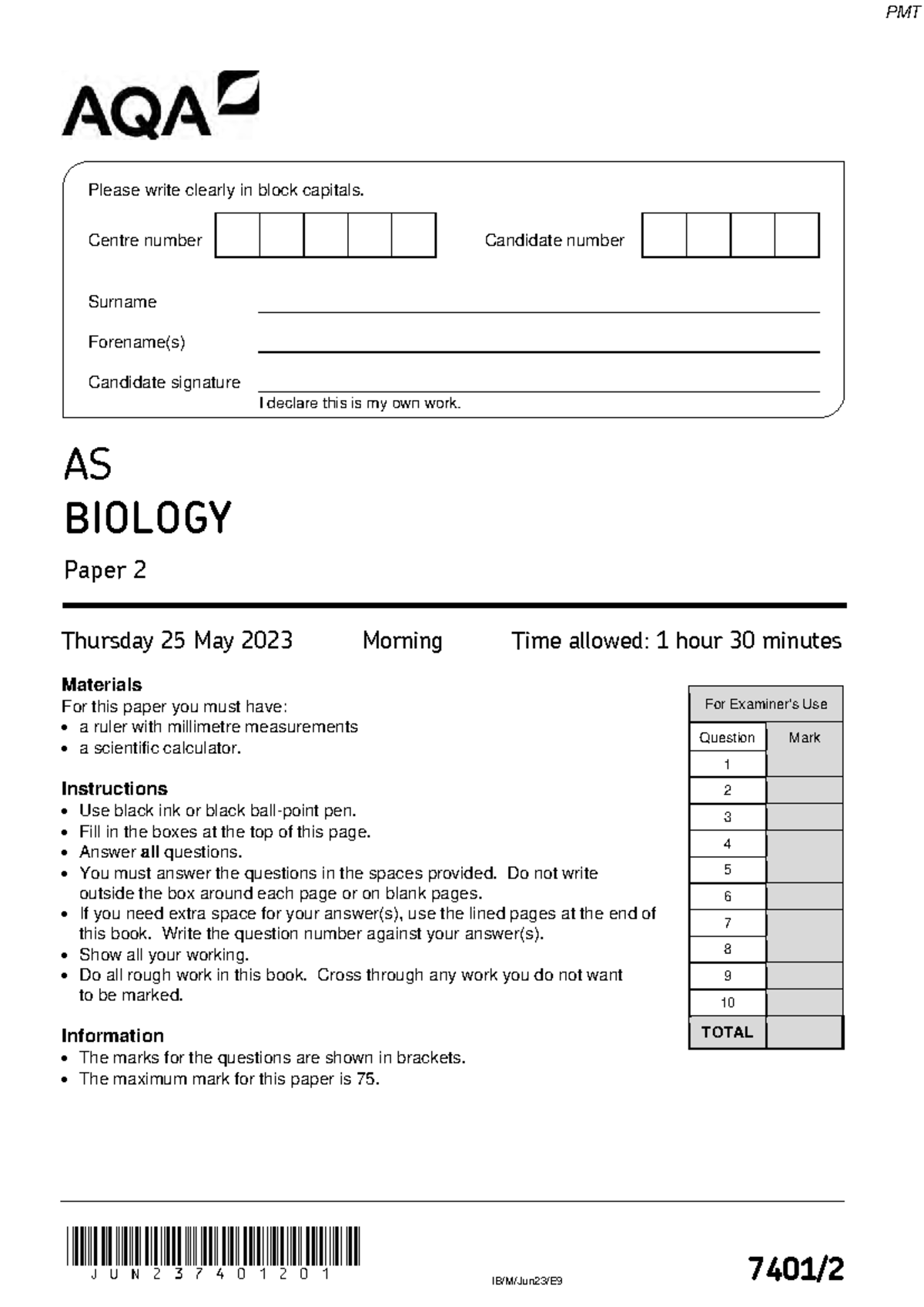 AS BIOLOGY Paper 2 Exam - B23b - May 2023 - Studocu