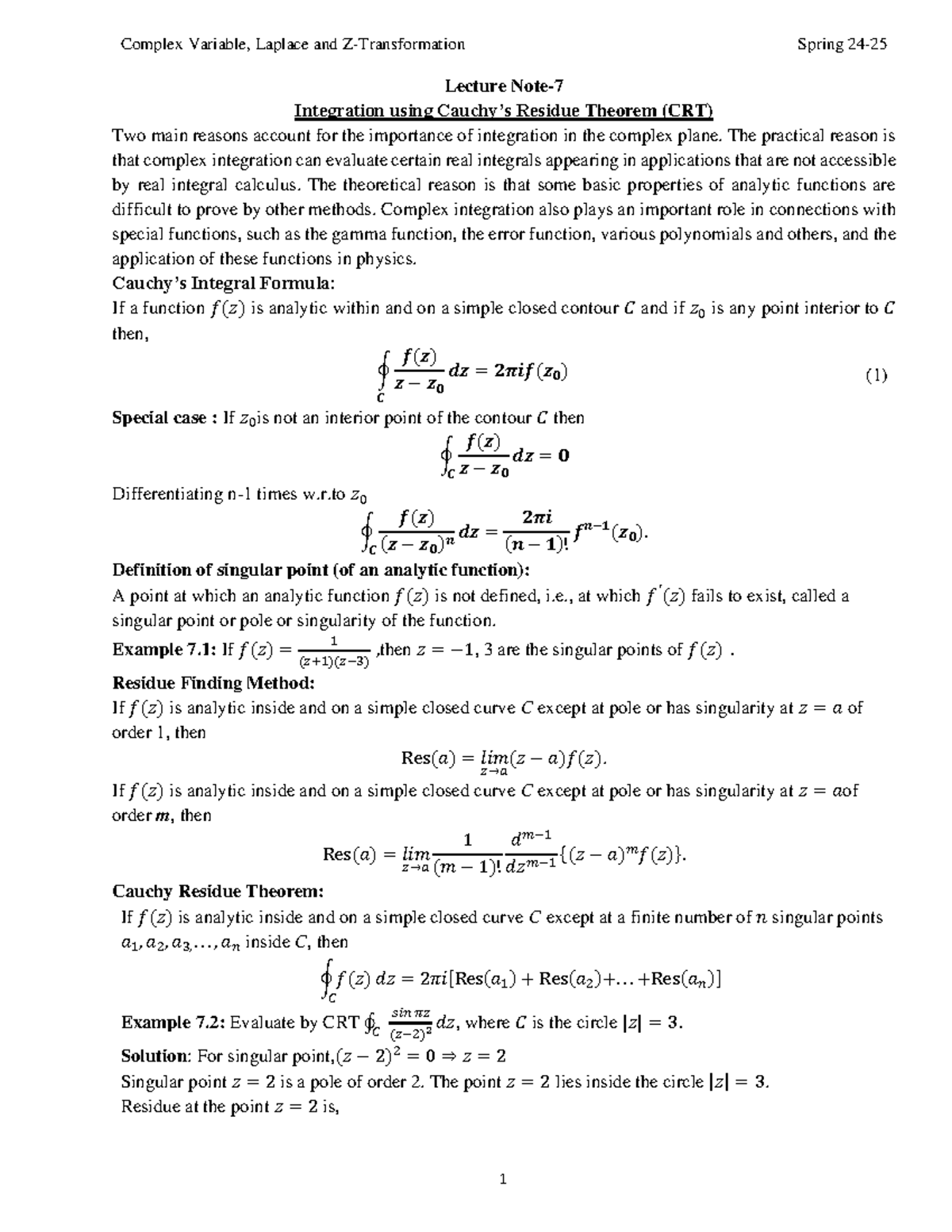 Complex Variable, Laplace and Spring Lecture: CRT Applications (Math3 Ch07) - Studocu