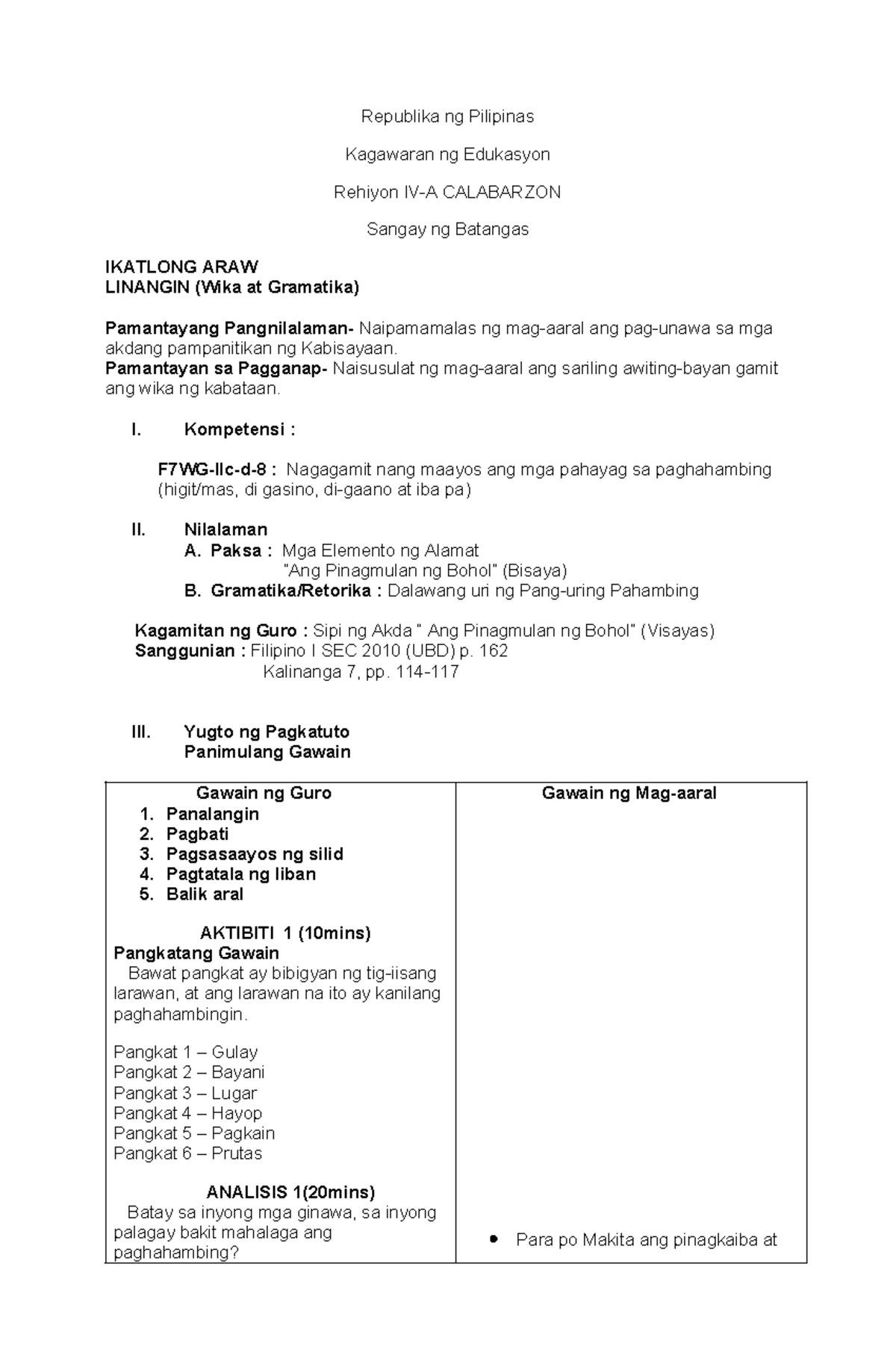 Lesson Plan (gramatika) 4th - Republika ng Pilipinas Kagawaran ng ...