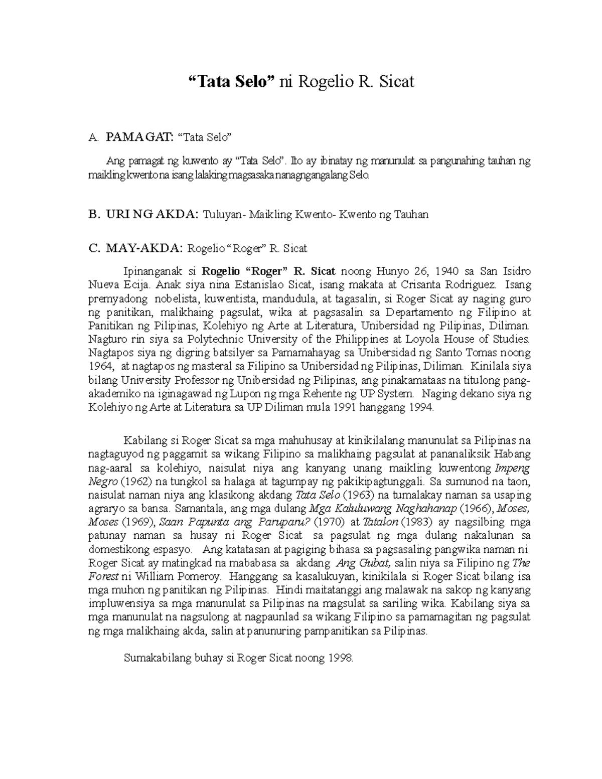 Pagsusuri-TATA-SELO - Filipino, Math, English - “Tata Selo” ni Rogelio ...