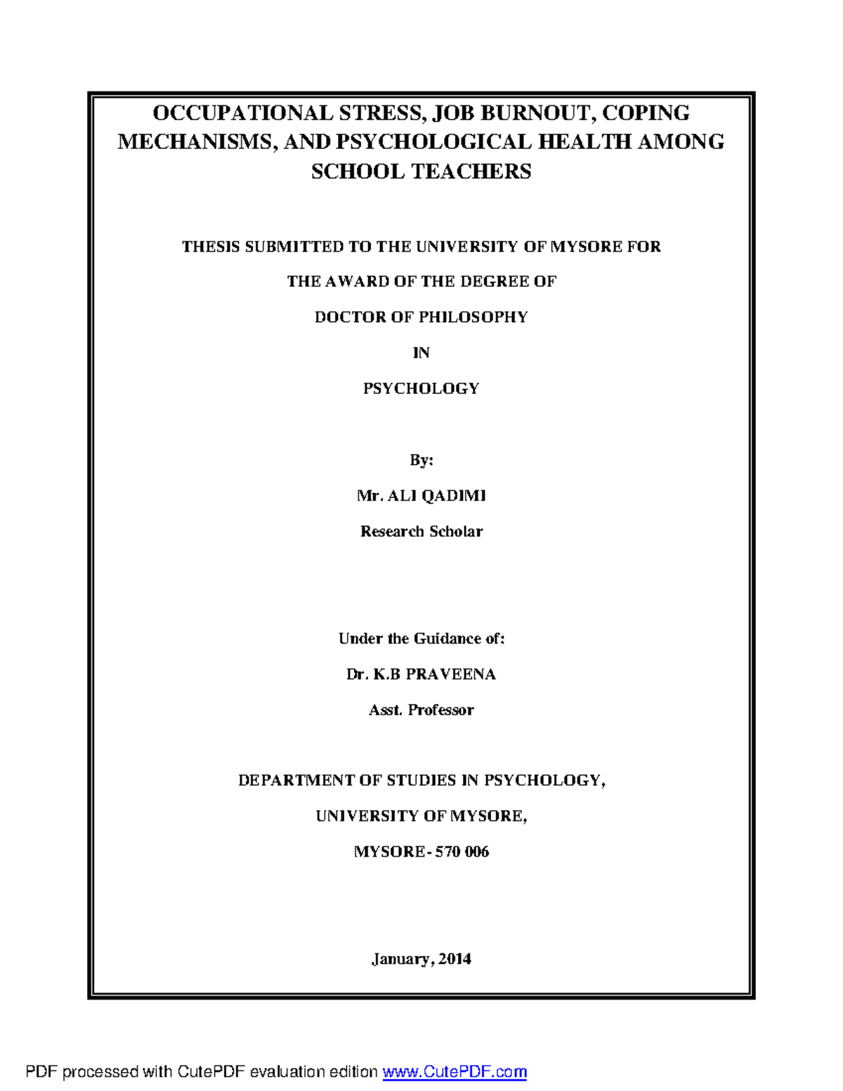 OCCUPATIONAL STRESS, JOB BURNOUT, AND COPING AMONG SCHOOL TEACHERS ...