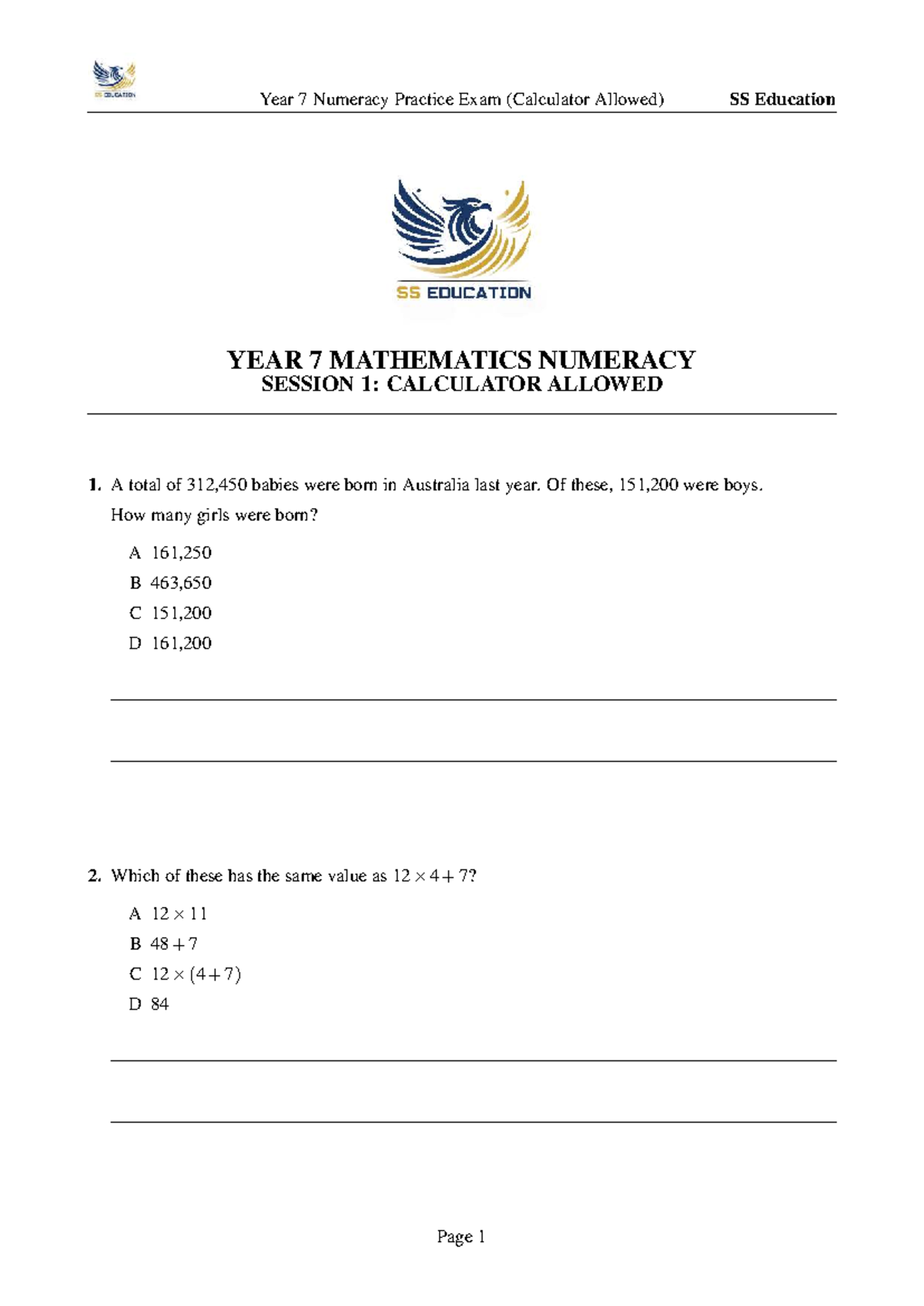 Year 7 Numeracy Practice Exam (Calculator Allowed) SSE 2026 - Studocu