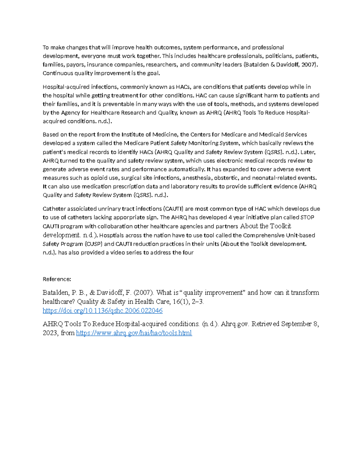 Improving Health Outcomes: AHRQ's Strategies for HAC Reduction - Studocu