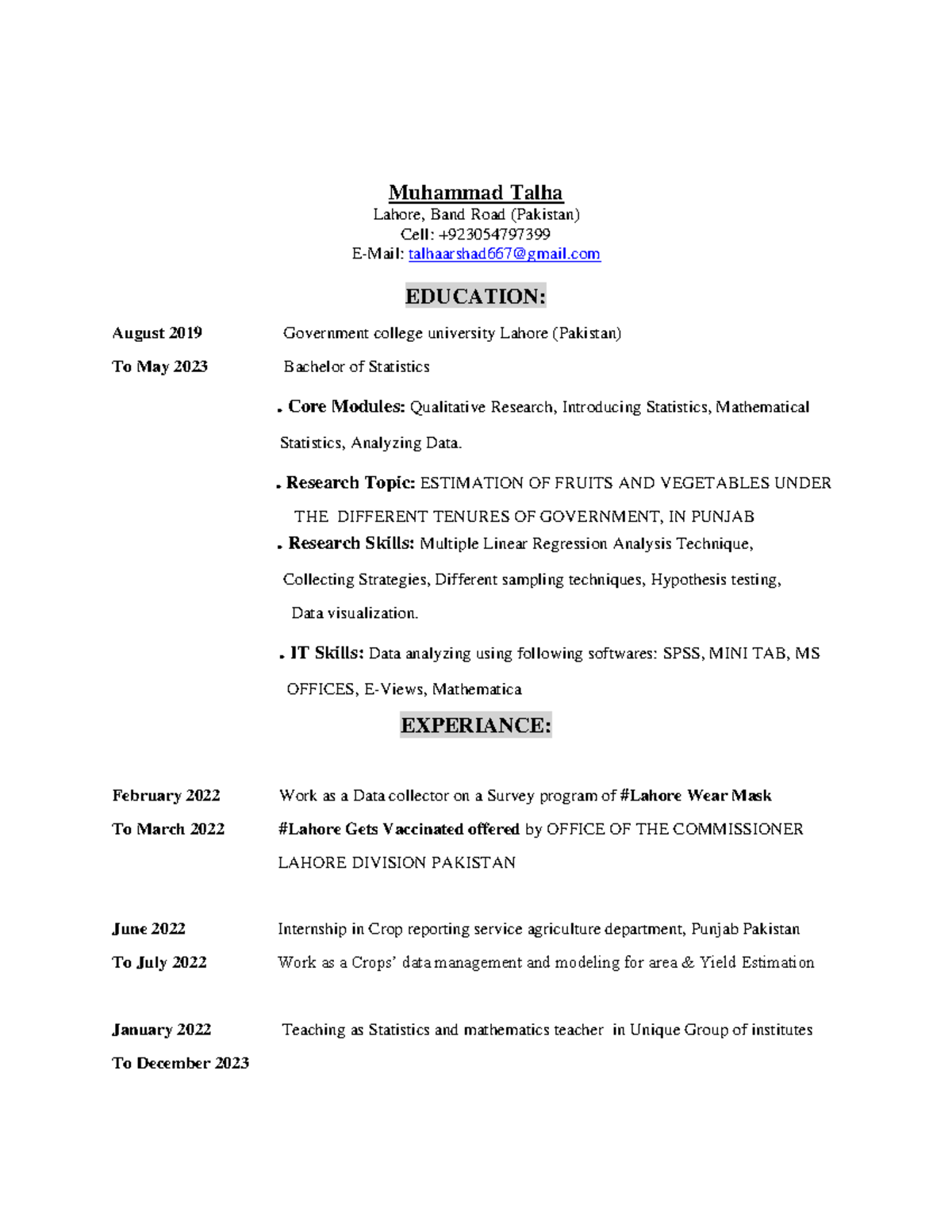Muhammad Talha CV - Muhammad Talha Lahore, Band Road (Pakistan) Cell ...