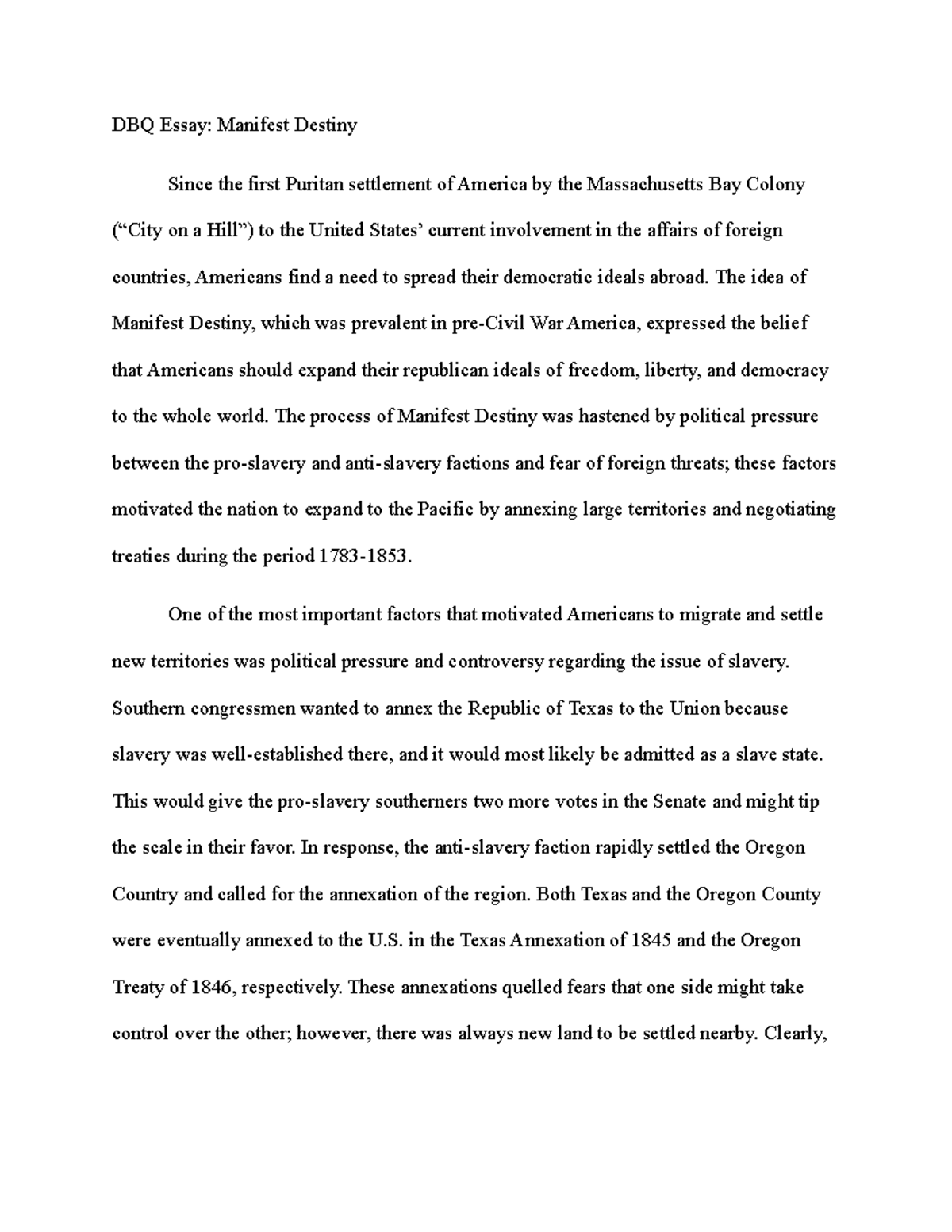 DBQ Essay: Manifest Destiny and Its Political Impacts - Studocu