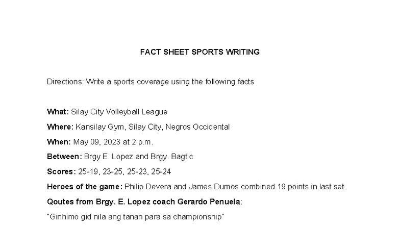 FACT Sheet Sports Writing - FACT SHEET SPORTS WRITING Directions: Write ...