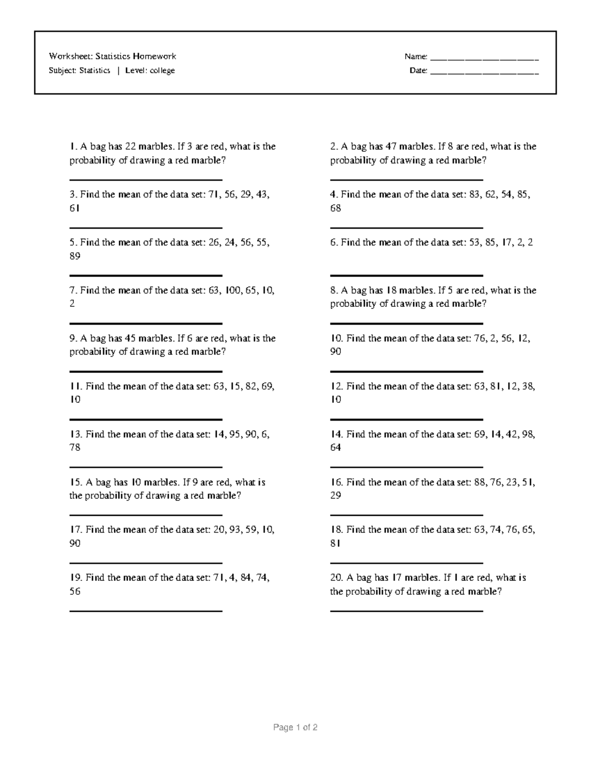 Statistics Homework 2: Probability & Mean Calculations - Studocu