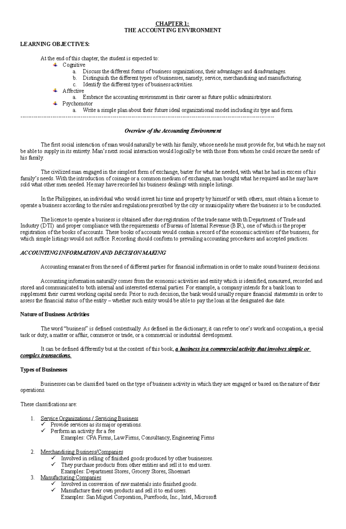 Basic Accounting Chapter 1 - CHAPTER 1: THE ACCOUNTING ENVIRONMENT LEARNING OBJECTIVES: At the ...