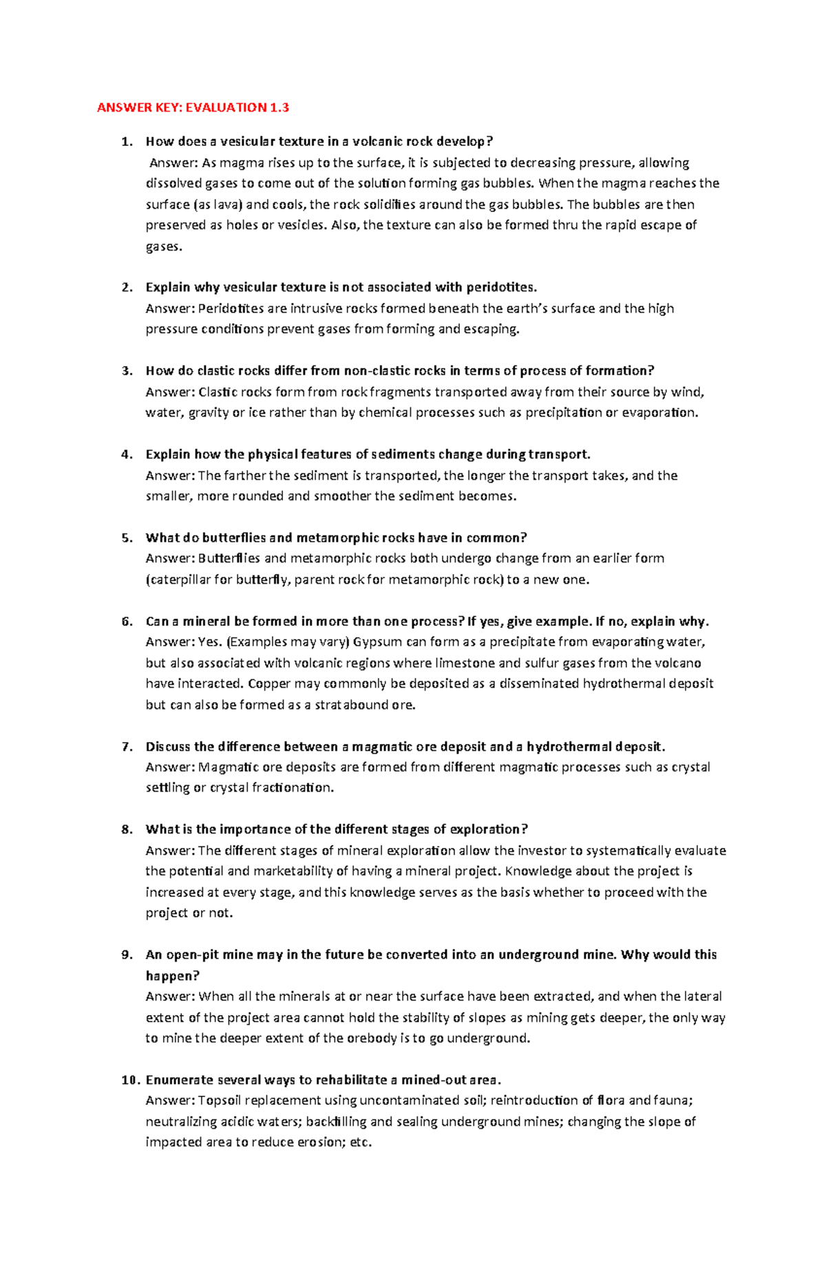 Geology 101: Answer Key for Evaluation 1.3 on Rock Textures and ...