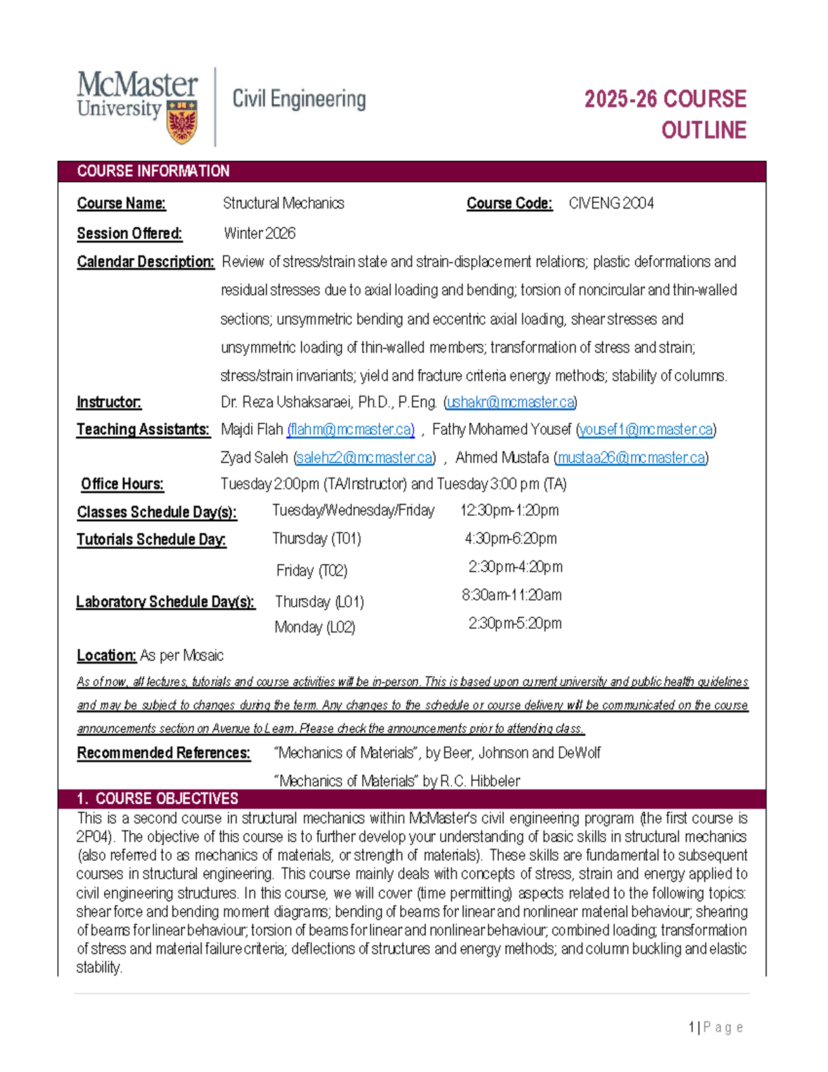 CIVENG 2C04 Structural Mechanics Course Outline - Winter 2026 - Studocu
