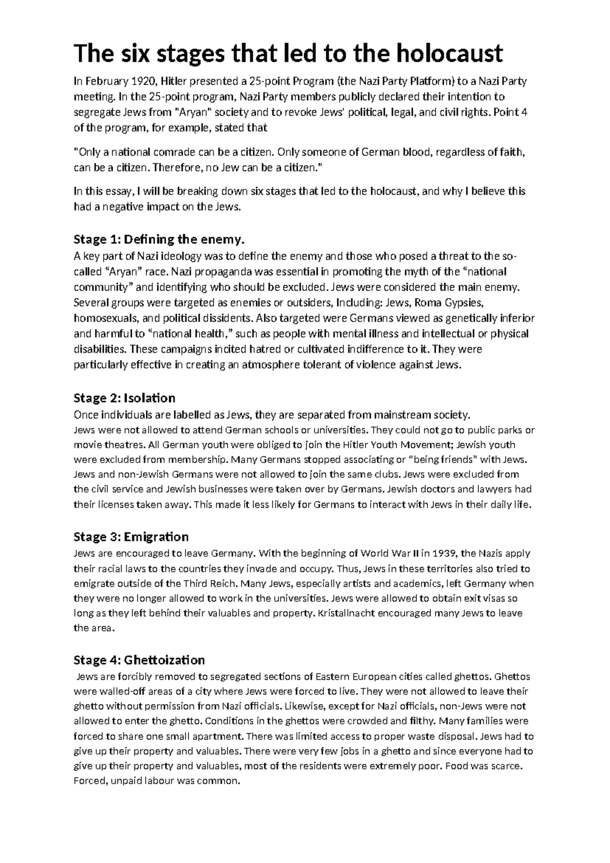 The 6 stages that led to the holocaust History Task 5 - The six stages ...