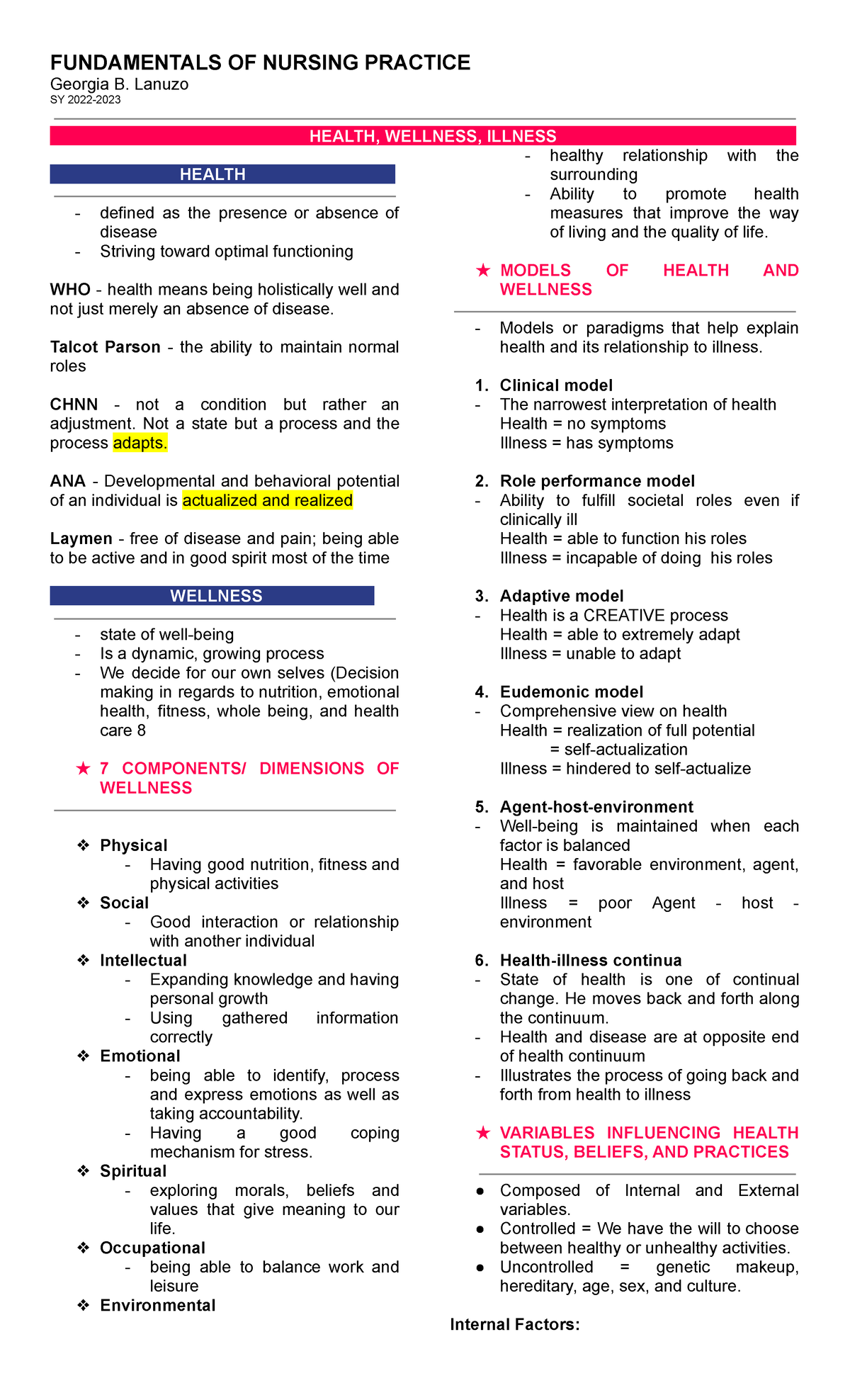 FUNDAMENTALS OF NURSING PRACTICE (CHNN) - Health, Wellness, and Illness ...