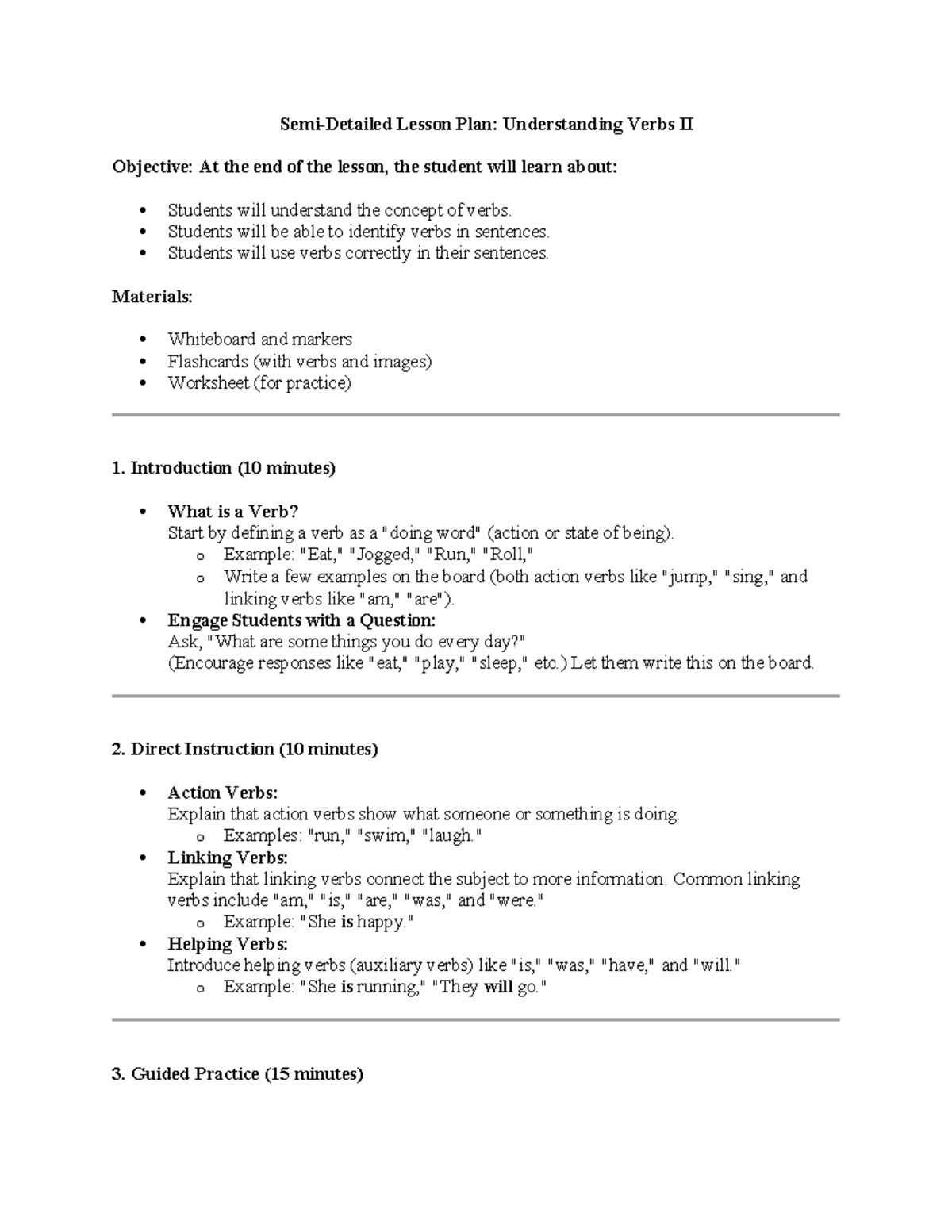 Semi-Detailed Lesson Plan Understanding Verbs - Students will be able ...