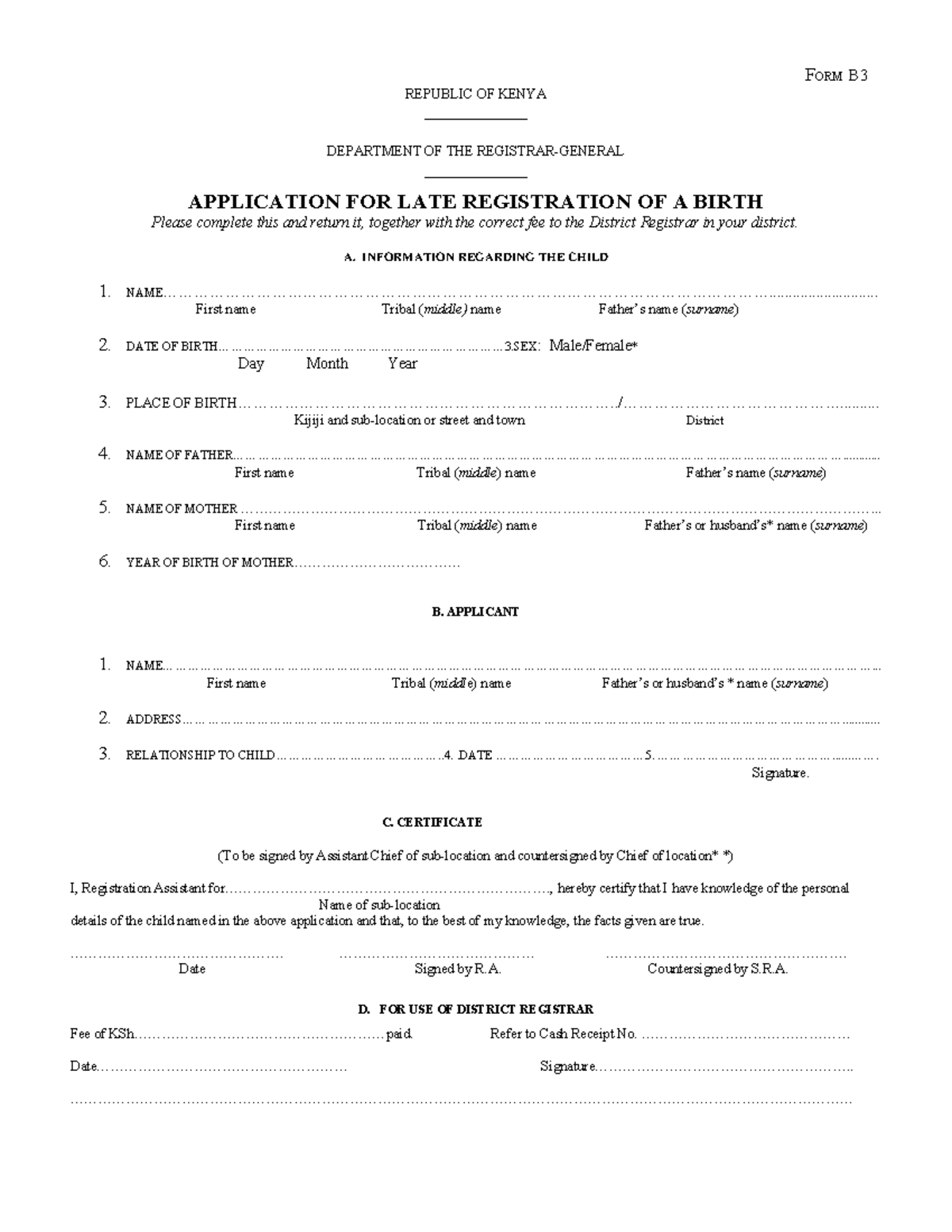 Application for Late Birth Registration - FORM B3 Kenya - Studocu