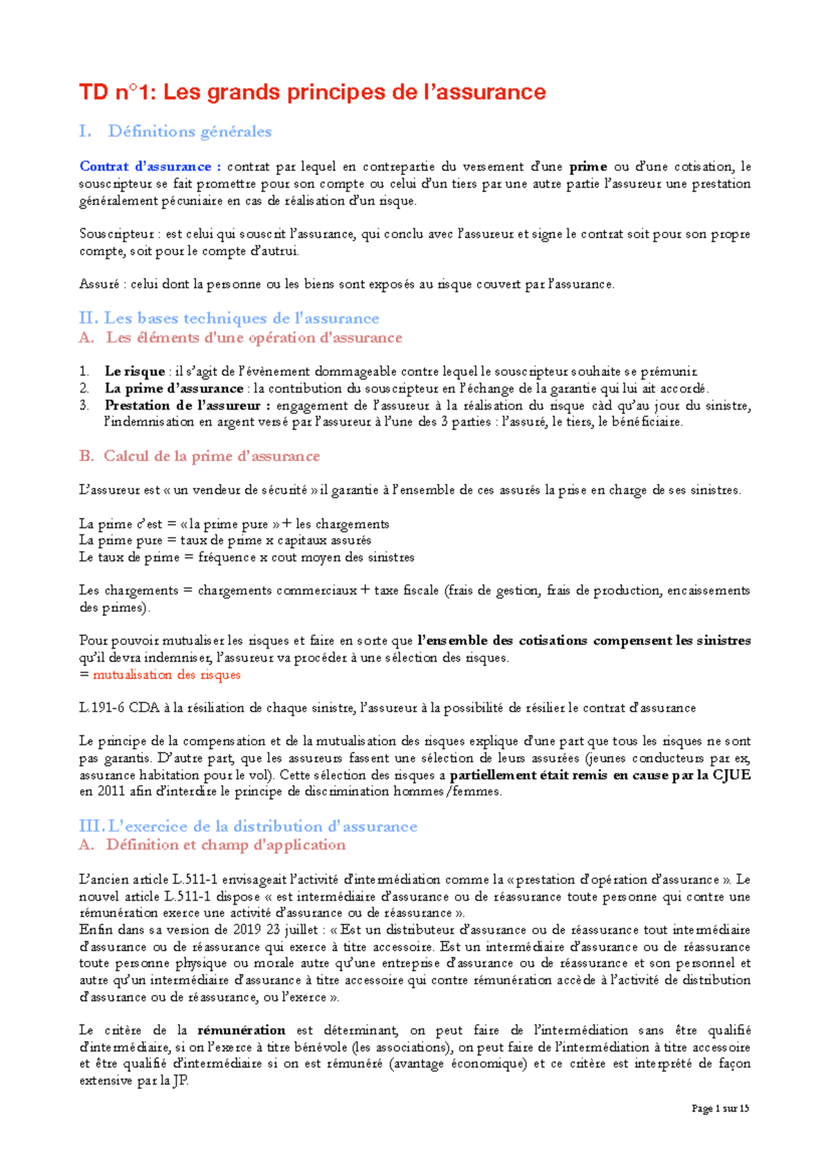 TD Droit des assurances - TD n°1: Les grands principes de l’assurance I ...