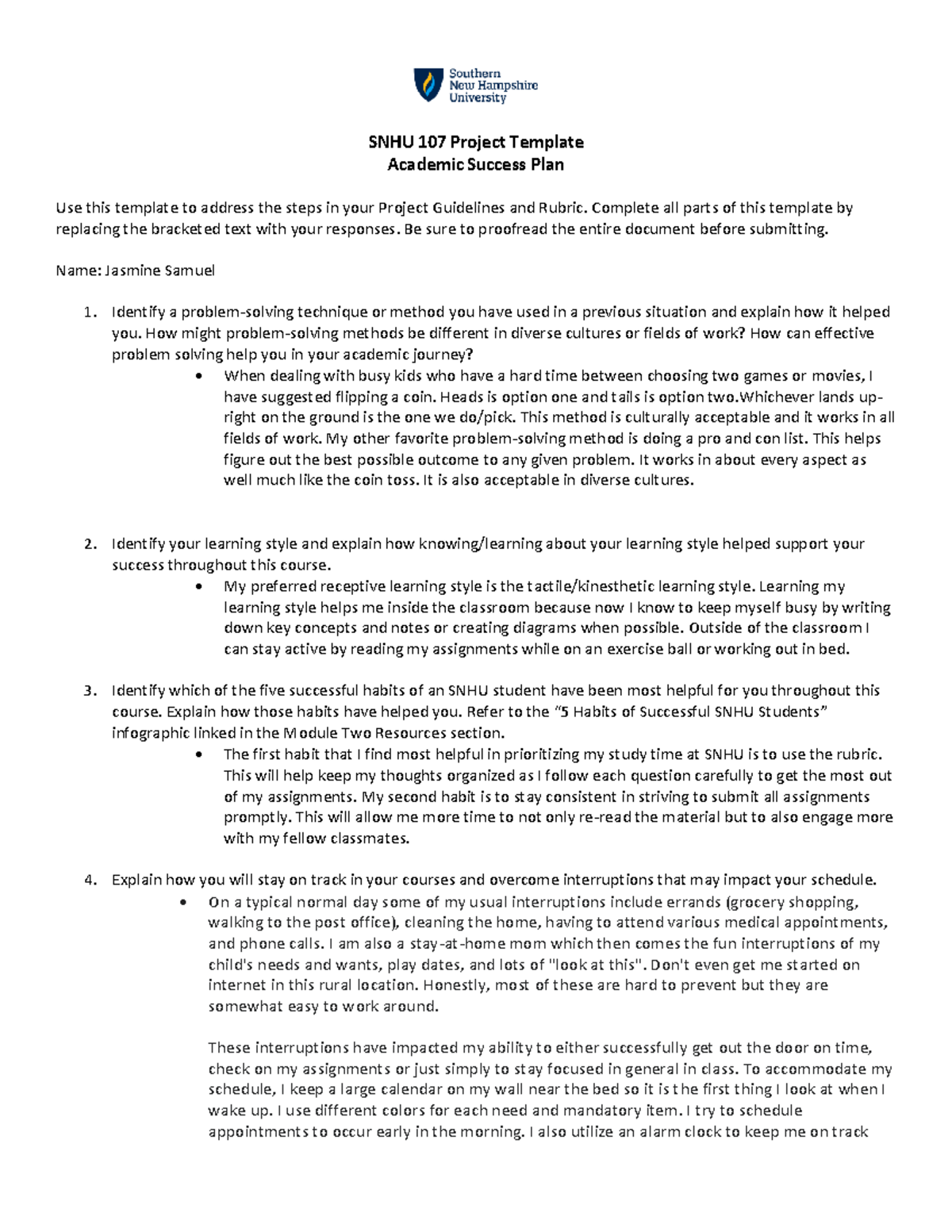 7-2 Project Submission: Academic Success Plan for SNHU 107 - Studocu