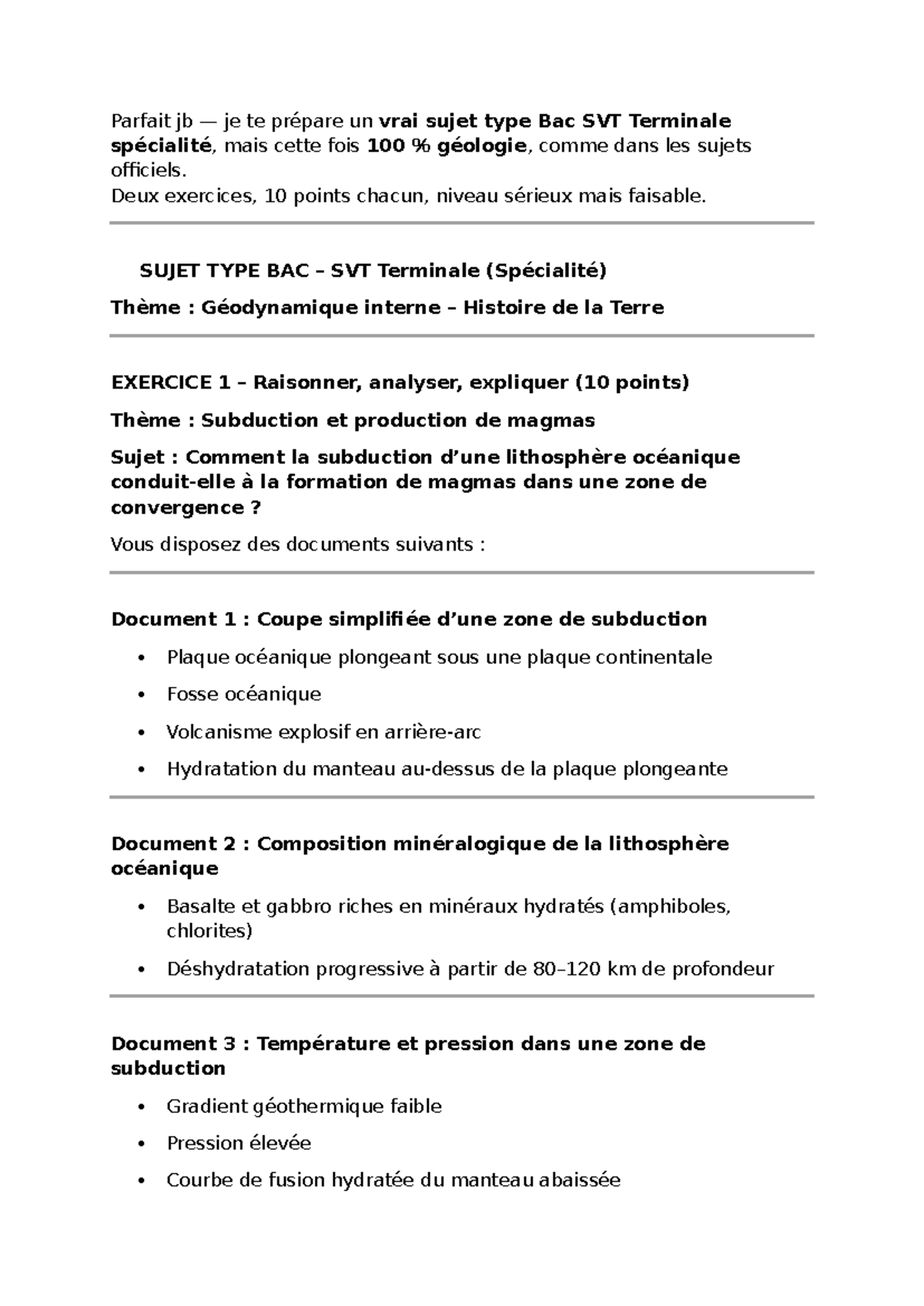 SUJET TYPE BAC SVT Terminale Spécialité : Géodynamique Interne - Studocu