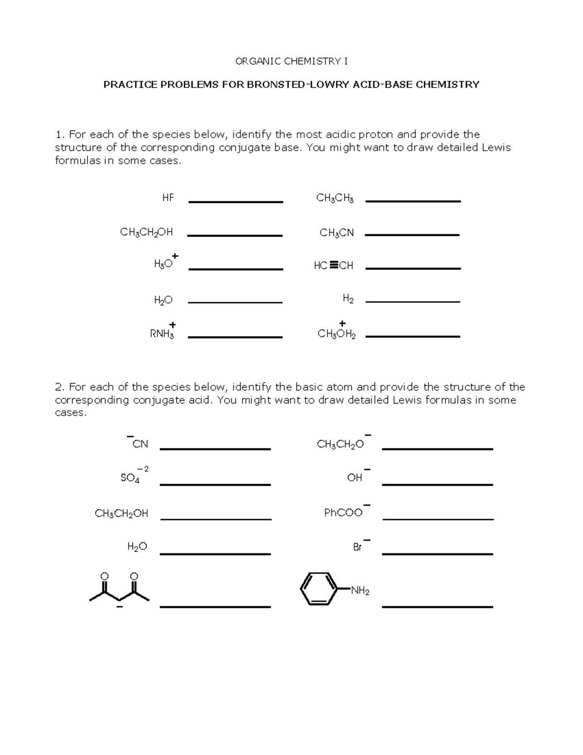 Organic Chemistry I: Bronsted-Lowry Acid-Base Practice Problems - Studocu