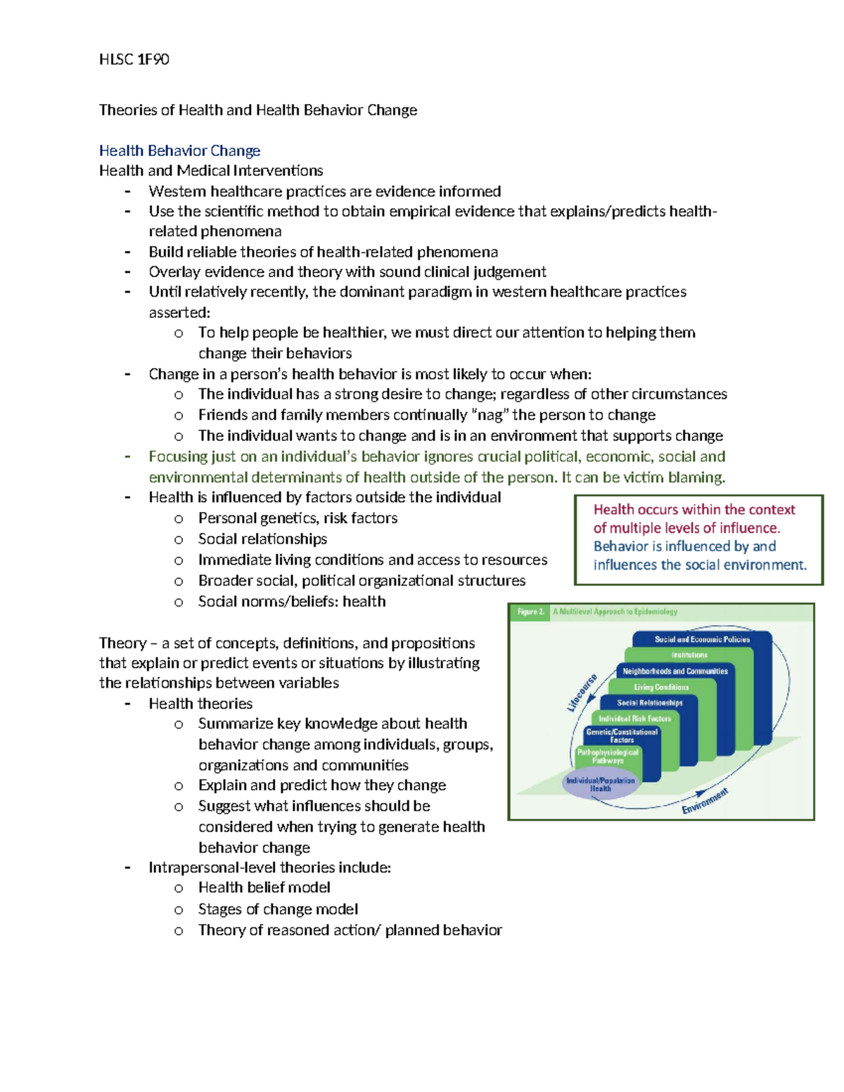 HLSC 1F90 Lecture Notes on Health Behavior Change Theories - Studocu